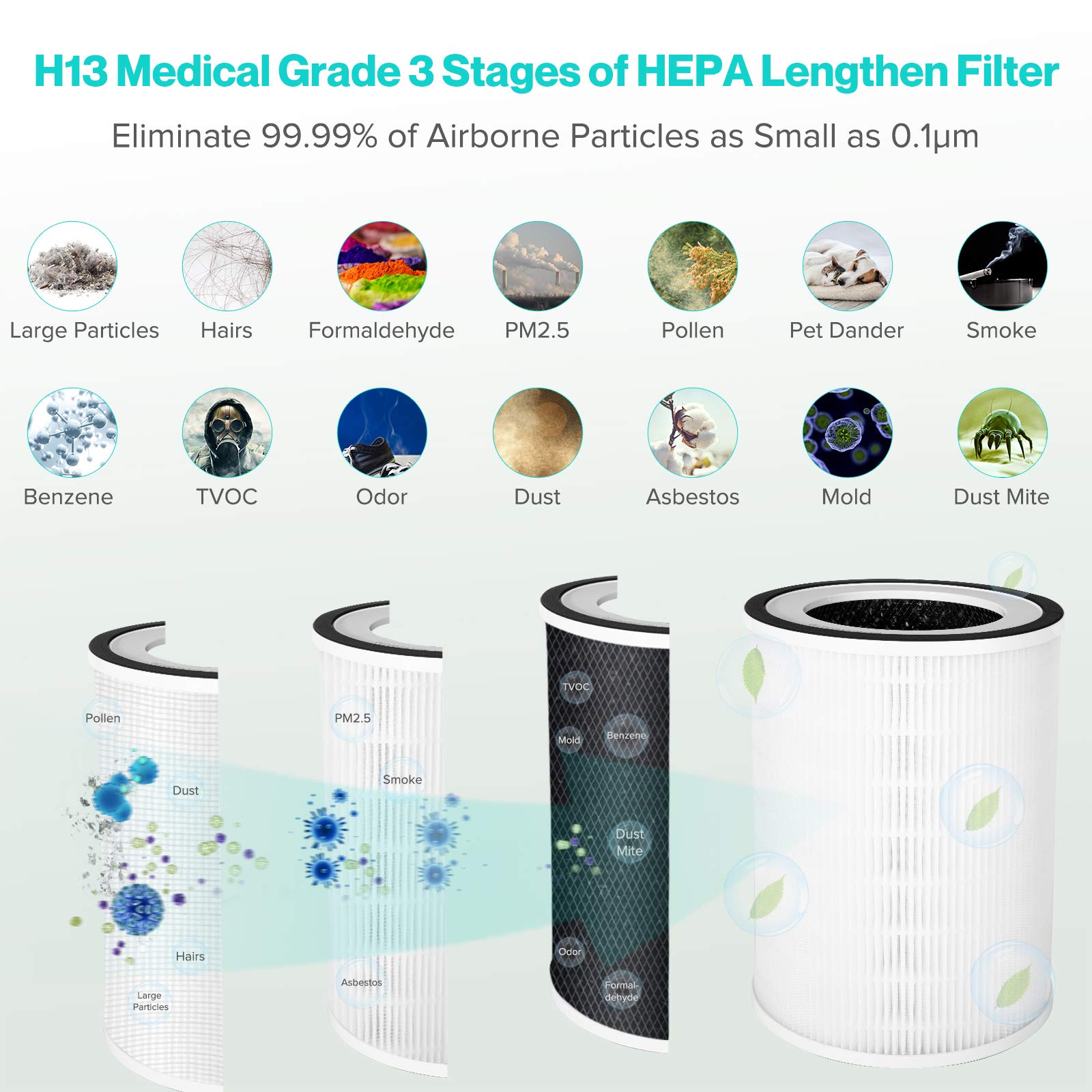 HIMOX Replacement Filter for Model HIMOX-H10, Medical Grade H13 True HEPA Air Filter for Home Allergies Pets Hair Smokers in Bedroom