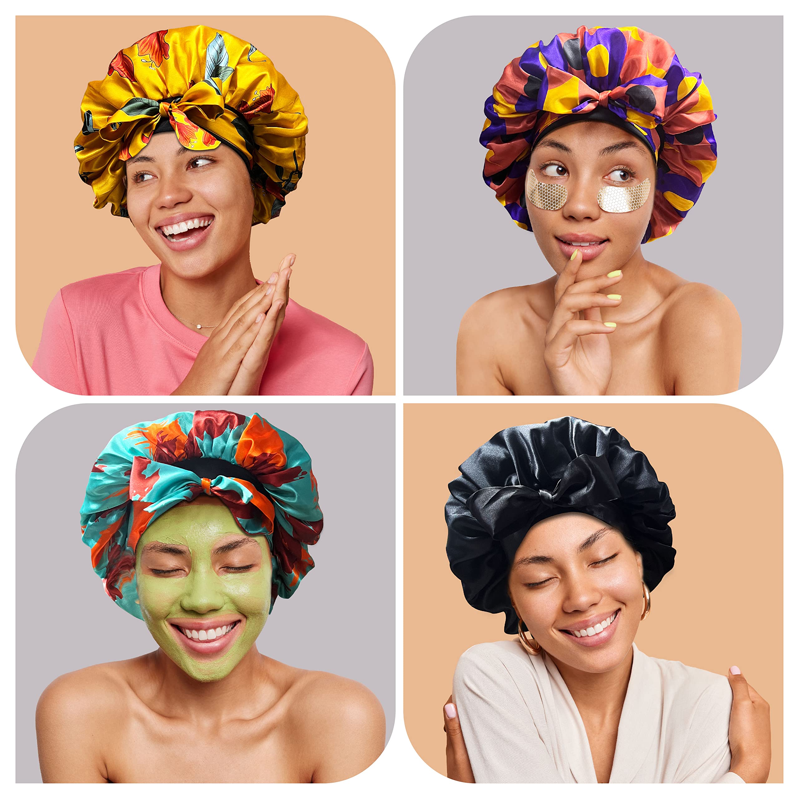 HOME SHARON Silk Bonnet for Sleeping, 4 Pieces Satin Bonnet Hair Wrap Cap Bonnet for Curly Hair,Satin Bonnet for Sleeping, Bonnets Black Women