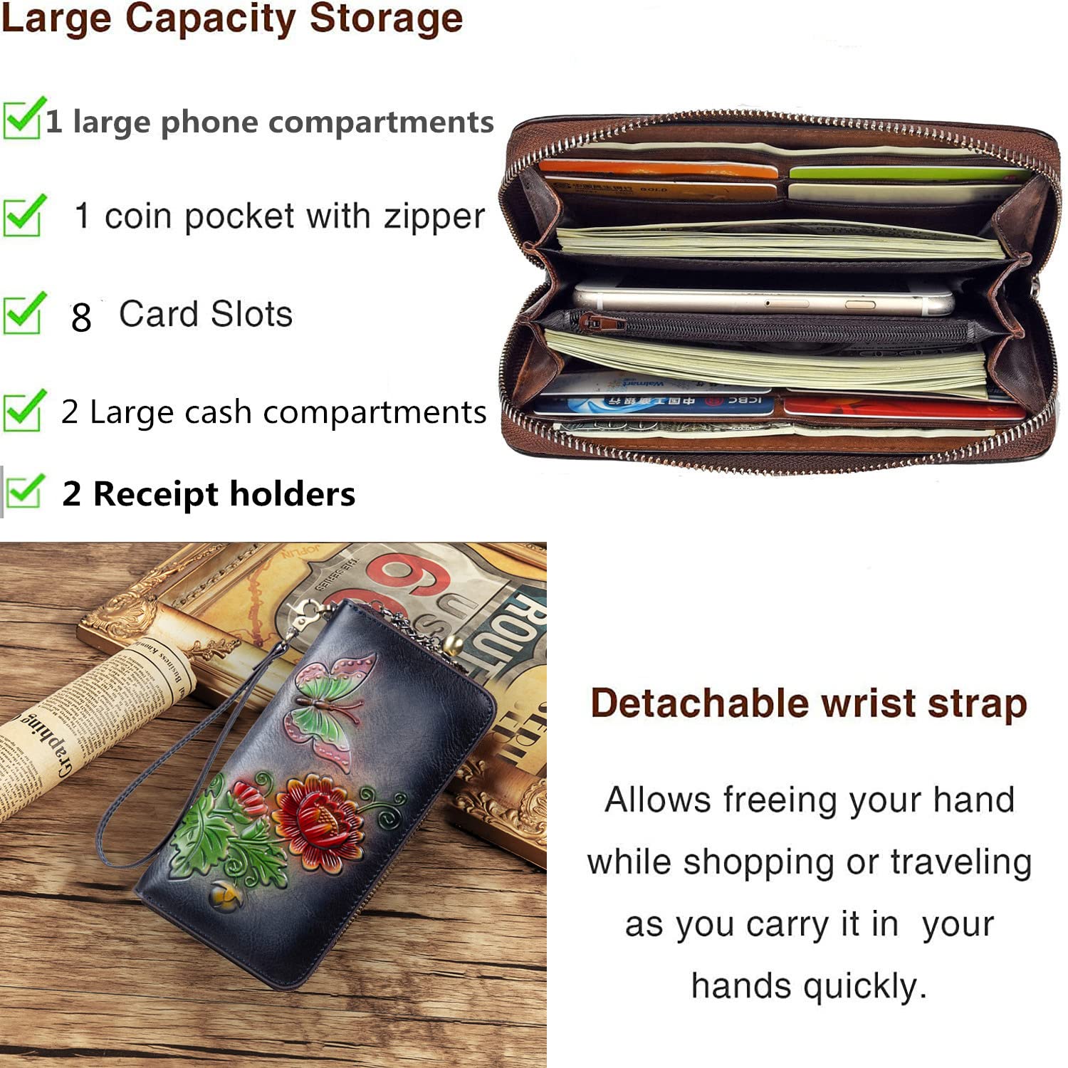 IAGOM Women's Cartoon Printing Leather RFID-Blocking Zip Around Clutch Wallet with Wristlet Strap for Women