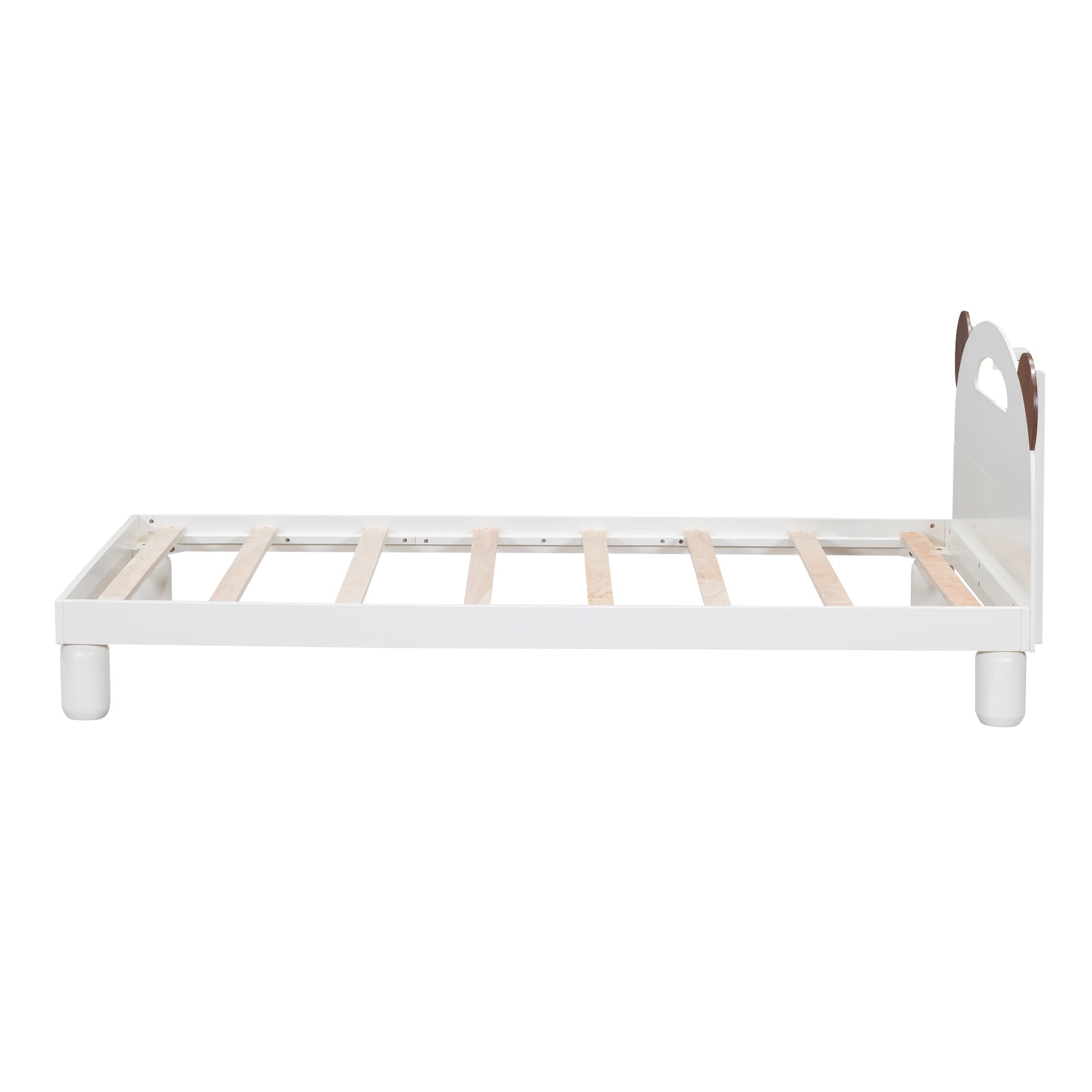 DOLPRNE Twin Size Platform Bed with Bear Ears Shaped Headboard and LED for Kids Adults Bedroom,Cream White