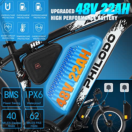 PHILODO Electric Bike for Adults, 48V 22Ah Fat Tire Ebike Dual Motor AWD 2 * 1000W 35MPH Electric Bicycles 21-Speed with Ignition Lock Hydraulic Disc Brakes