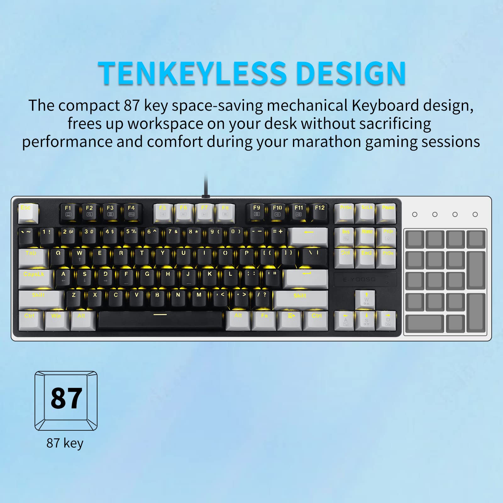 HUO JI E-YOOSO Z-87 Mechanical Gaming Keyboard 87 Key LED Backlit Wired with Anti-Dust Proof Switches Tenkeyness for Windows PC (Blue Switches,Black and Grey)