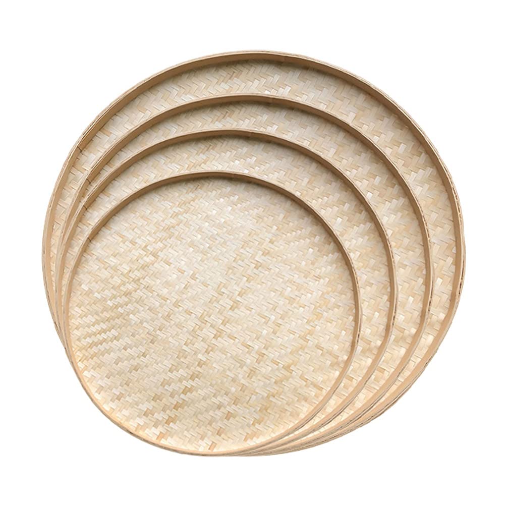 Healifty 4 Pcs Handwoven Flat Wicker Round Fruit Basket Woven Food Storage Weaved Shallow Tray Organiser Vegetable Fruit Bowl Kids DIY Drawing Board Wall Basket Decor for Kitchen Table Centerpiece