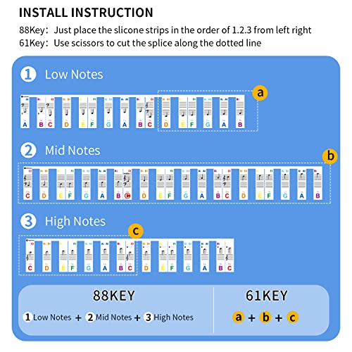 Removable Piano Keyboard Note Labels,Piano Keyboard Stickers,88-Key 61-Key Full Size,Silicone Keyboard Stickers,Suitable Piano Keyboard for Beginners with Box,Sheet Music Clip,Cleaning Cloth