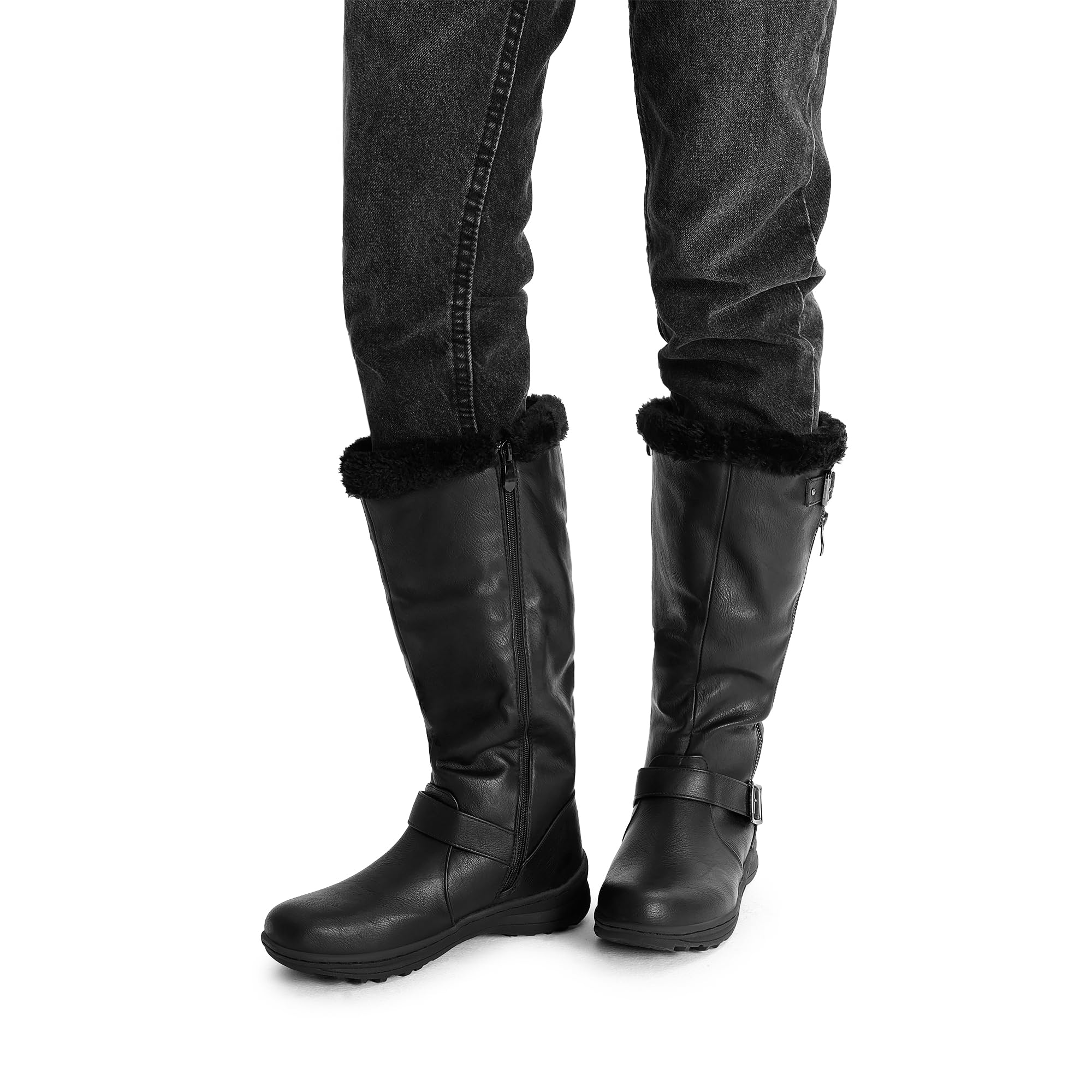 DREAM PAIRS Rabbit Women's Lady Winter Fully Fur Lined Double Buckle Ruched Snow Knee High Boots Black PU-SZ-9