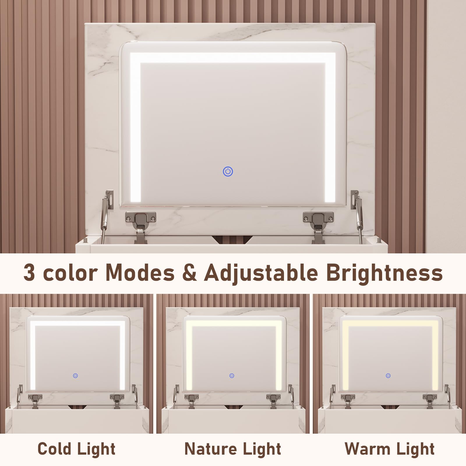 Makeup Vanity Desk with Mirror and Lights, 3-in-1 Vanity Set with 3 Drawers, Small Makeup Vanity with Hidden Stool, Compact Dressing Table Charging Station for Bedroom/Living Room-Beige