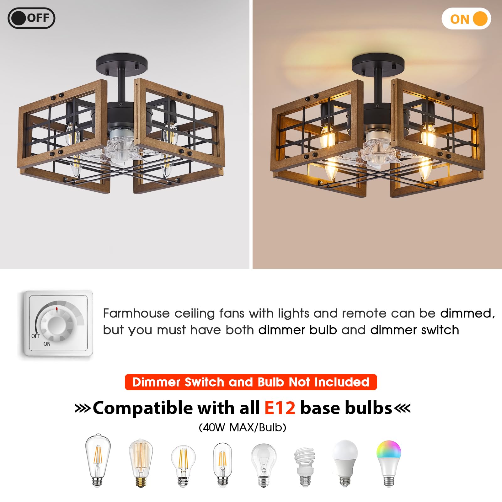Doltoro Ceiling Fans with Lights Remote, Flush Mount Ceiling Fan with Lights 3 Color Dimmable LED, Black Modern Square Ceiling Fans Light for Kitchen Bedroom Living Room