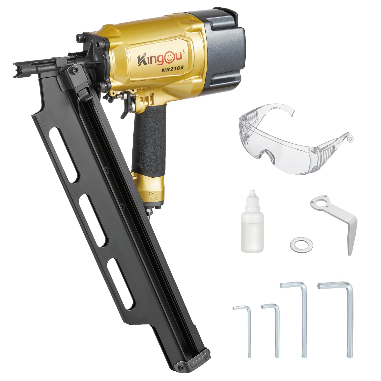 KingOu NR2183 21 Degree Aluminum Magazine, Pneumatic Framing nail gun, 2-Inch up to 3-1/4-Inch Plastic Collated Full Head Framing Nails, Framing, Wooden House Building, Fencing