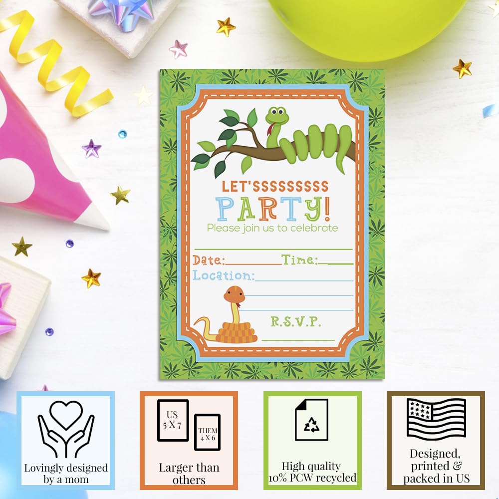 Snake Themed Birthday Party Invitations, 20 5x7 Fill In Cards with Twenty White Envelopes by AmandaCreation