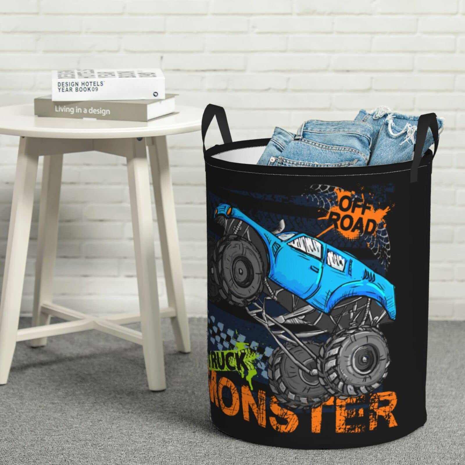 Gbuzozie Monster Truck Print Round Laundry Hamper Storage Basket Toys Clothes Organizer Bin For Home Bathroom Bedroom Dorm Nursery, 62l