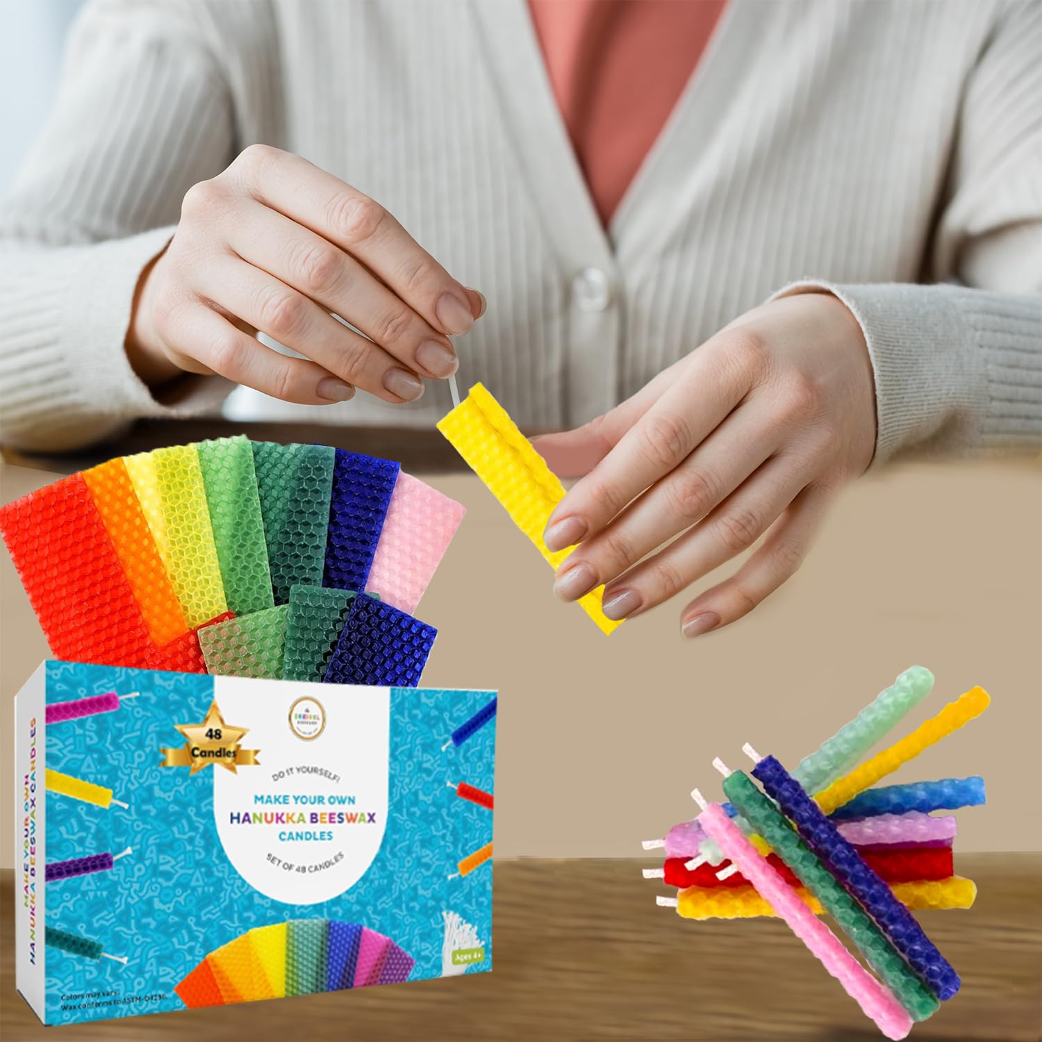 The Dreidel Company Make Your Own Hanukkah Beeswax Candles, Complete DIY Chanuka Candles Starter Kit (DIY 48 Candles)