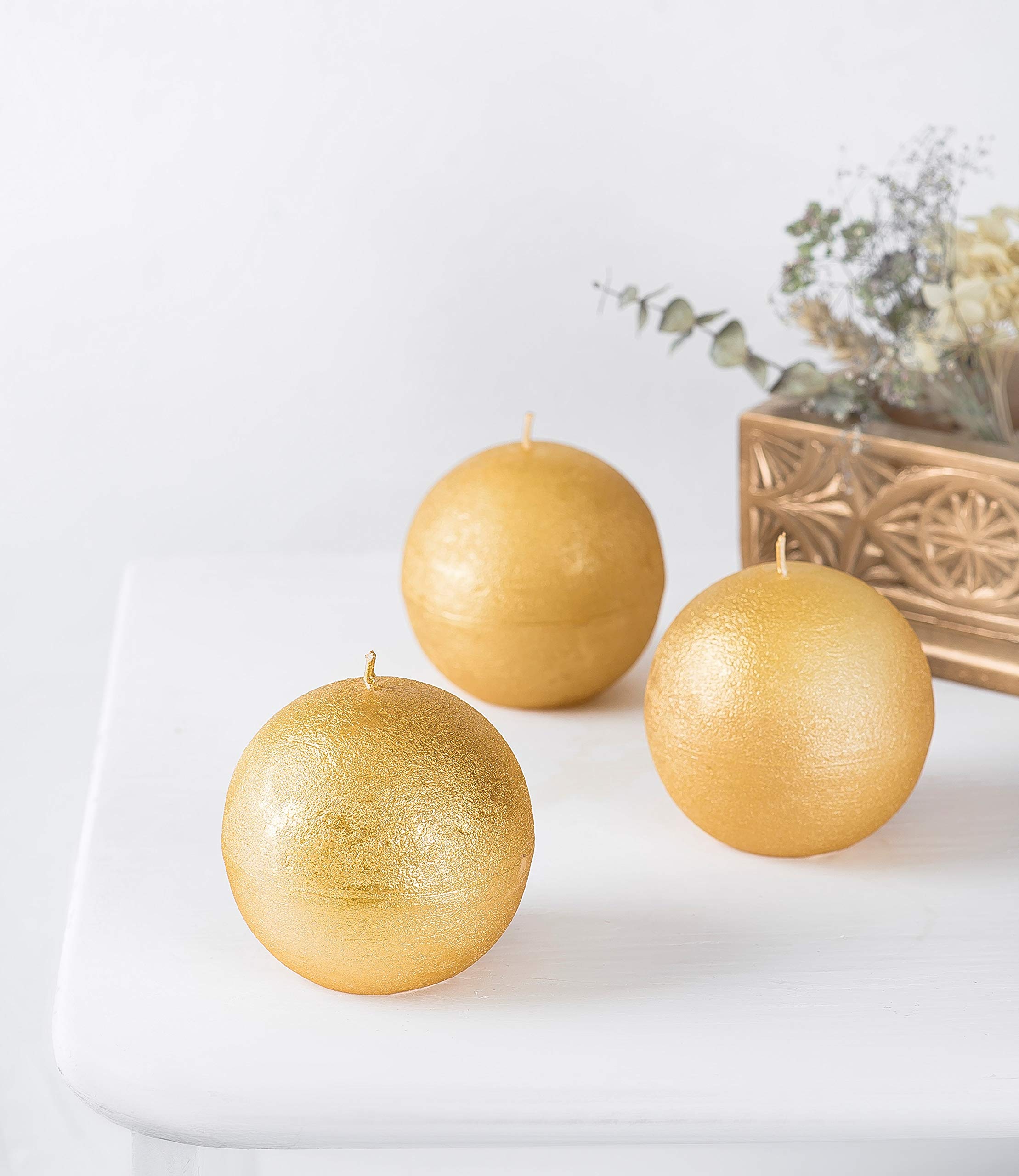 Set of 3 Sphere Ball Candles 3" Unscented Handpoured for Weddings, Home Decoration, Church, Restaurant, Spa, Smokeless Cotton Wick - Gold