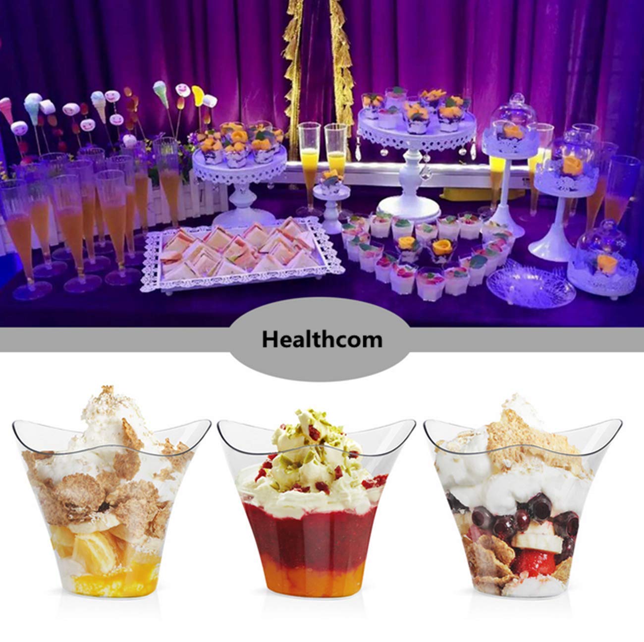 Healthcom 50 Pcs/set 3.3 Oz 100ml Plastic Dessert Cups with Spoons Swirl Triangle Ice Cream Dessert Bowls Disposable Dessert Cups Appetizers Cups Salad Bowl Tasting Sample Cup for Party Wedding