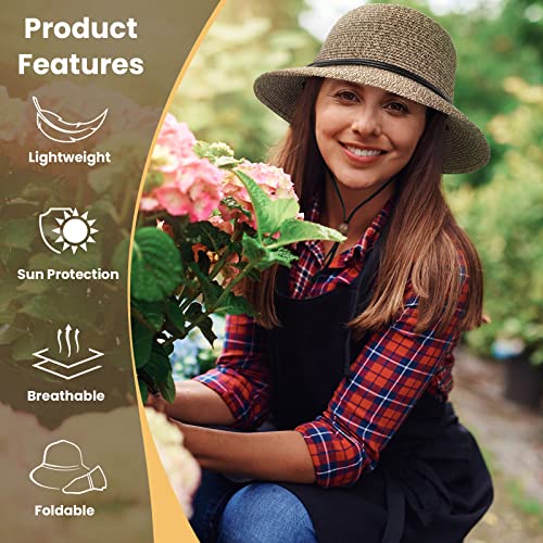 Simplicity Womens Beach Hat, Wide Brim Lightweight Straw Cute Sun Hat with Chin Strap Roll Up Sun Visor, Coffee/Brown