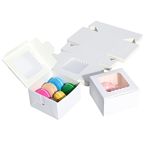 TEAMAX Cookie Boxes 30pcs 4x4x2.5 Inches White Cookie Boxes with Window, Bakery Boxes, Cupcake Boxes,Cake Boxes,Treat Boxes，Dessert Boxes，Mini Cake Boxes,For Birthday Party, Wedding, Valentine's Day
