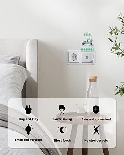 Plug-in LED Night Light with Auto Light Sensor - Popsicle Shape Nightlight Baby Night Lights for Hallway Bedroom Kids Room - Happy Easter Green Plaid Truck with Bunny and Easter Eggs Retro Wood Board