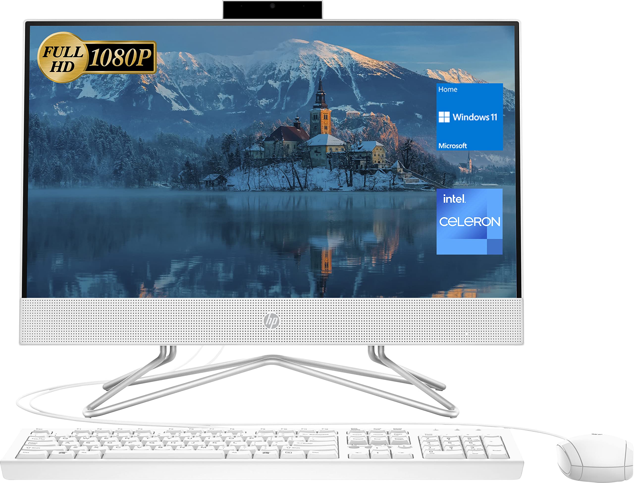 HP All-in-One Desktop, 21.5" FHD Display, Intel Celeron J4025 Processor, 16GB DDR4 RAM, 512GB PCIe SSD, Webcam, Wi-Fi, HDMI, RJ-45, Wired Keyboard&Mouse, Windows 11 Home, White