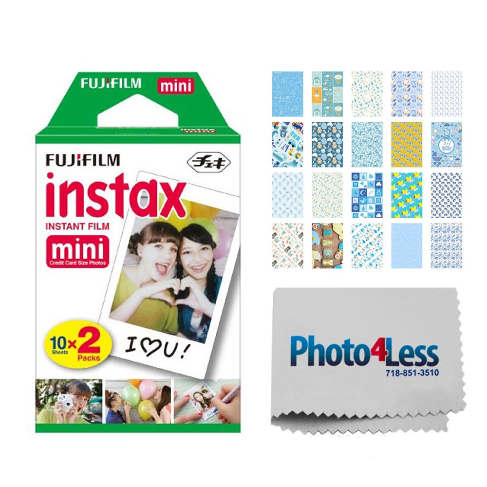 Fujifilm instax Mini Instant Film (20 Exposures) + 20 Sticker Frames for Fuji Instax Prints Emoji Package + Photo4Less Cleaning Cloth – Deluxe Accessory Bundle