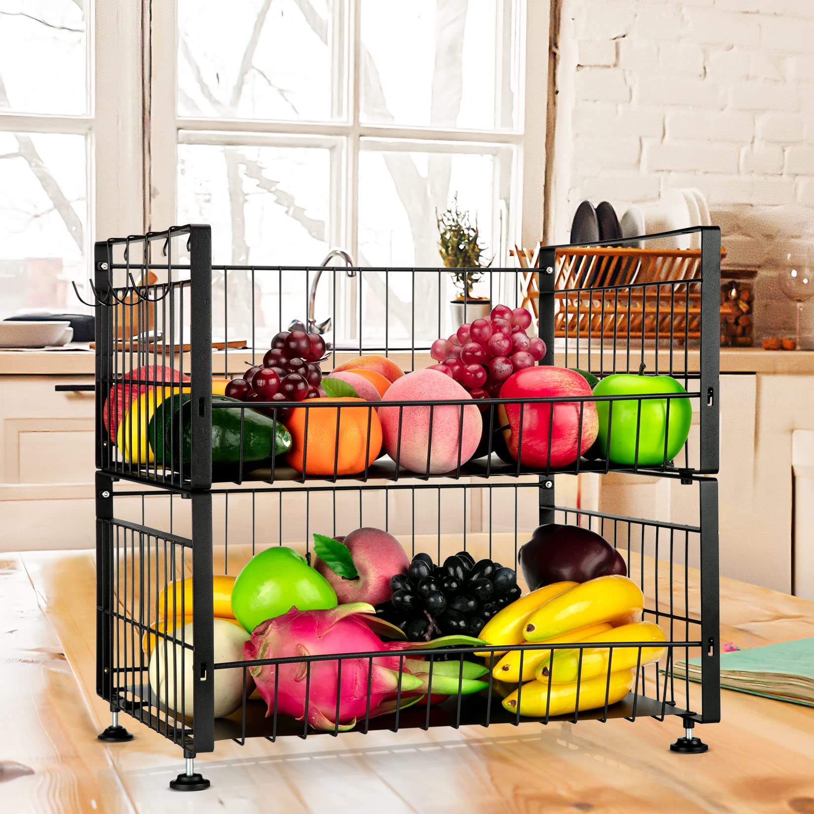 Fashionwu 2 Tier Fruit Basket with 4 Removable Banana Hangers, Fruit Bowl for Kitchen Counter, Kitchen Storage Organizer Holder for Fruit Vegetable, Black