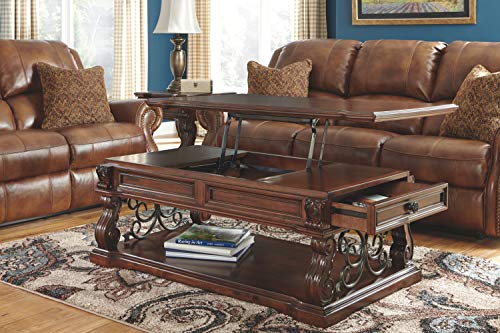 Signature Design by Ashley Alymere Traditional Lift Top Coffee Table, Hand-Finished with 2 Storage Drawers and Fixed Floor Shelf, Dark Brown