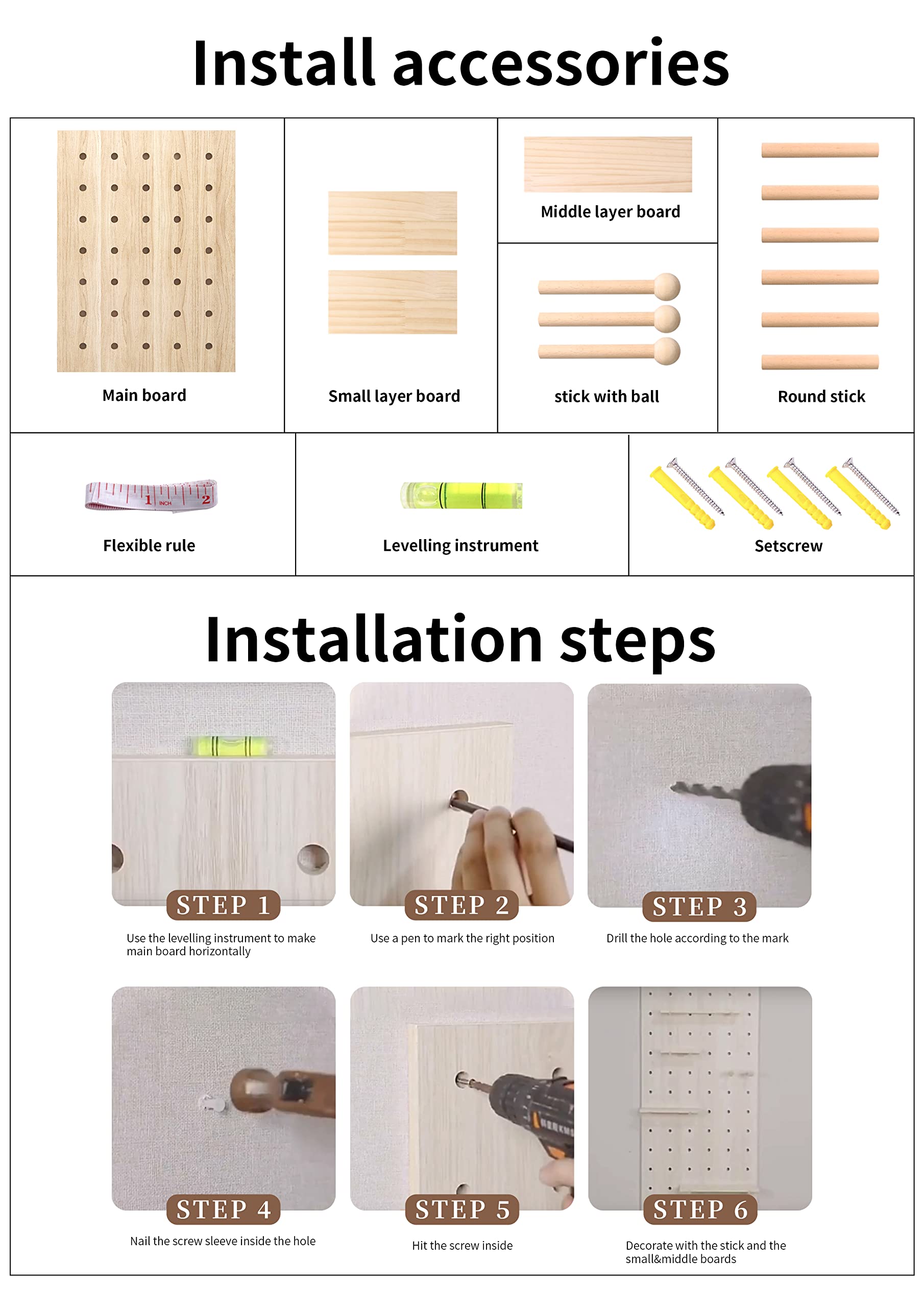 HEYSONG Pegboard Wall Organizer Panels Wooden Pegboard Wall Mount, Hanging for Garage Kitchen Living Room Bathroom Office (la0012USA)