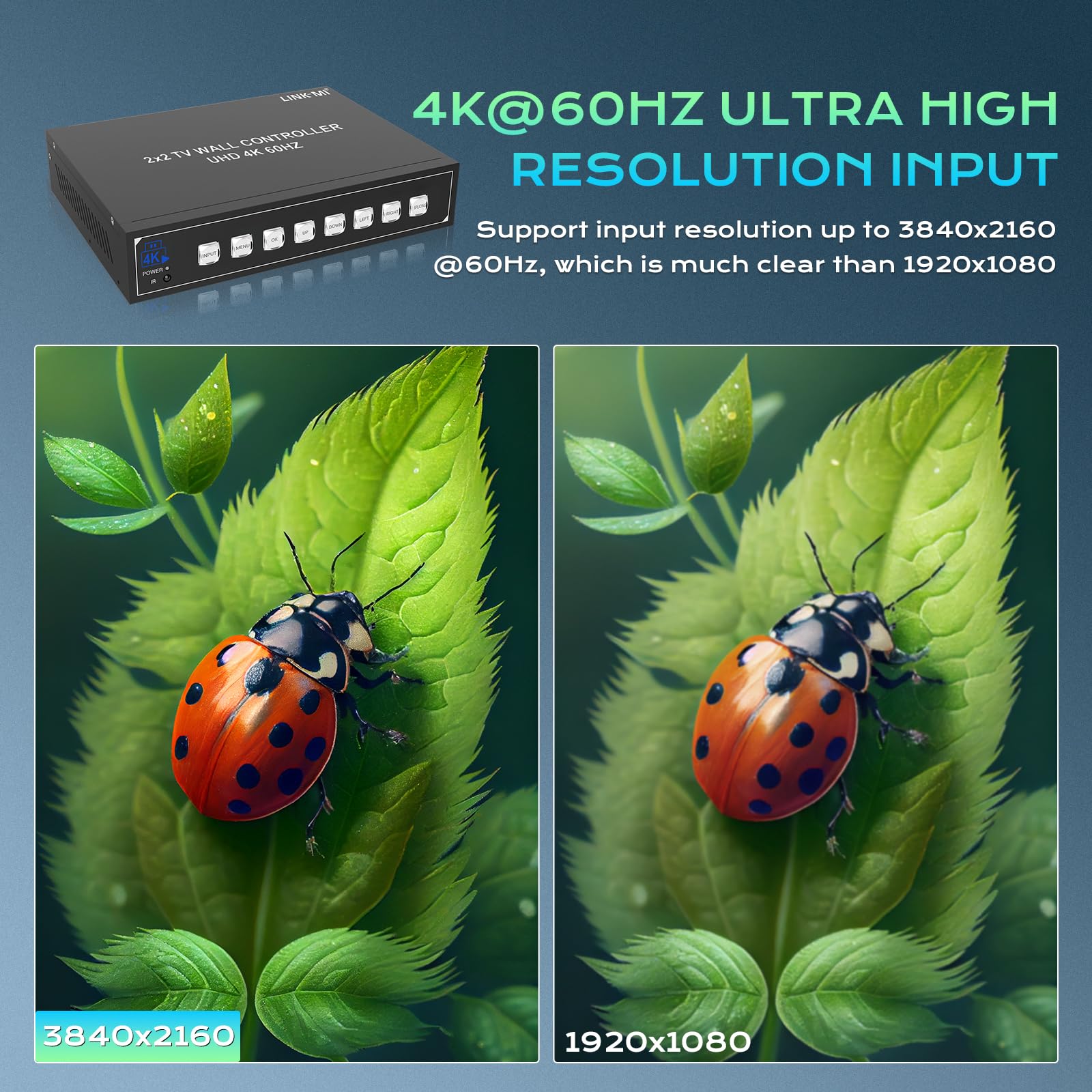 LINK-MI 4K60 2x2 Video Wall Controller with HDMI 2.0 USB inputs 1x2 1x3 1x4 2x1 3x1 4x1 UHD TV Wall Controller for 4 TVs Support USB Auto Display and Play max 4096x2160@60 Video Picture