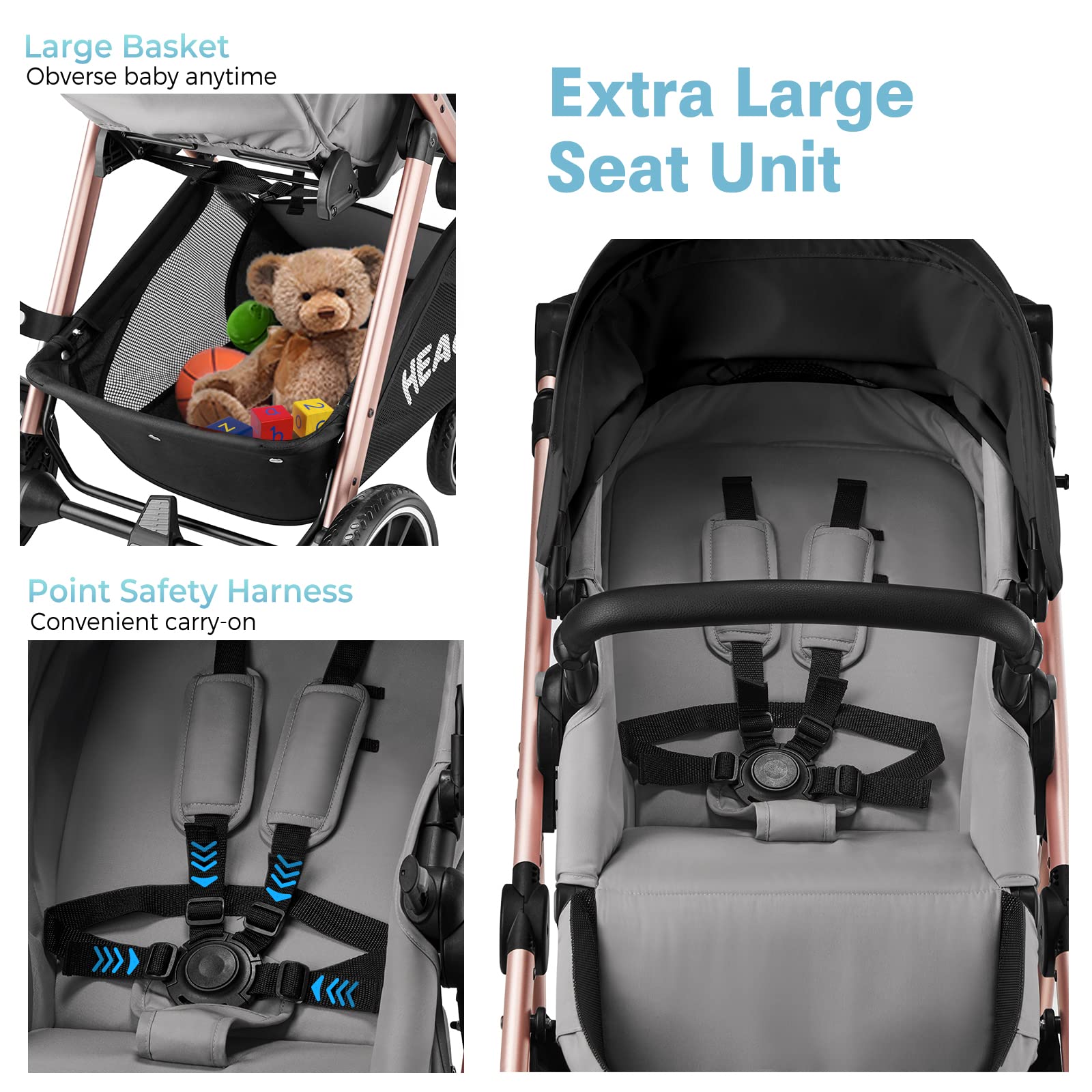 HEAO Baby Stroller Bassinet Carriage Combo 360 Rotation 4-in-1 Shock-Resistant High Landscape Pram Infant Stroller for Newborn and Toddler,Black