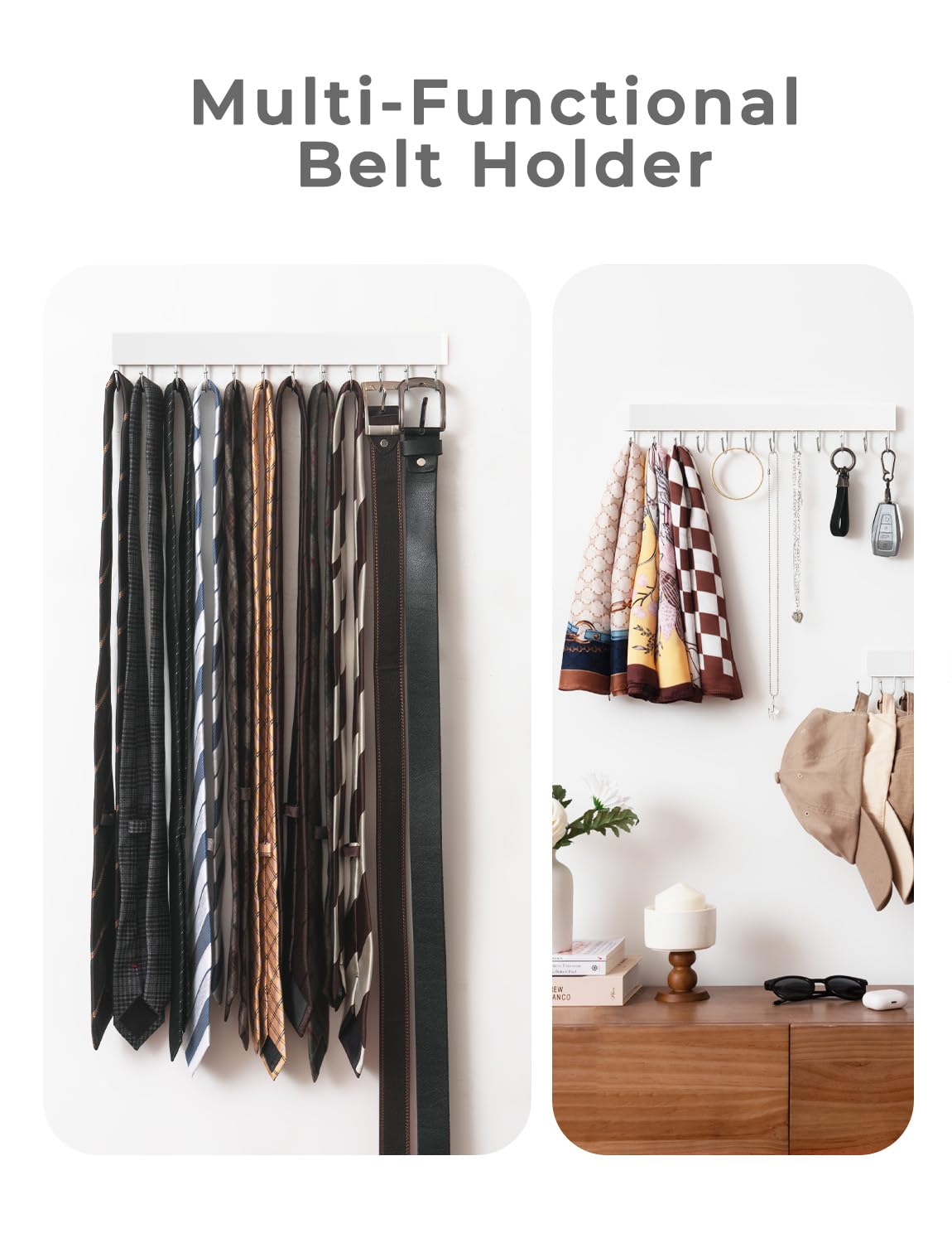 StorageWorks Belt Organizers for Wall, Wooden Belt Holder, Belt Storage with 12 Hooks, Tie Rack Wall Mounted, Belt and Tie Organizer for Closet, White, 2 Pack