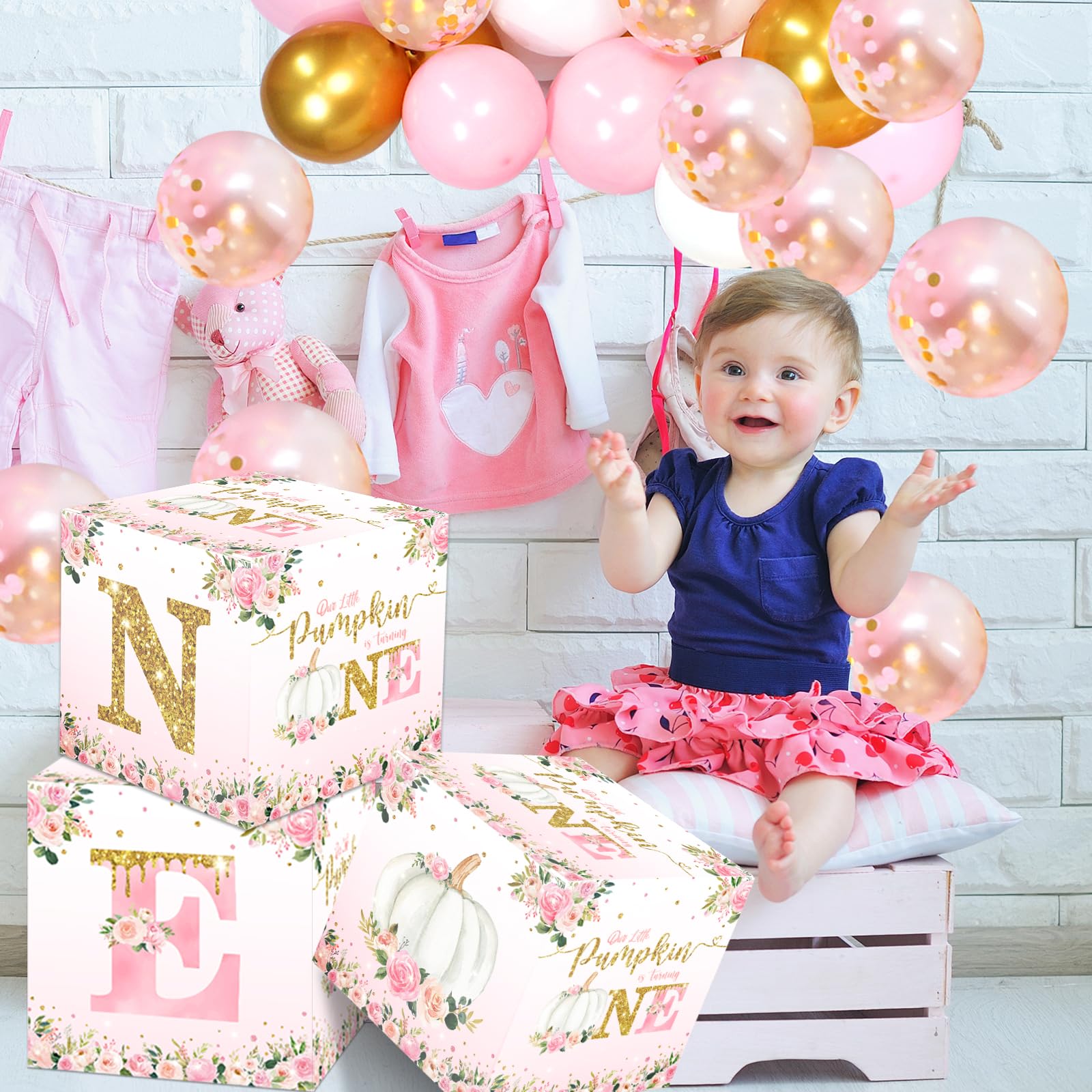 Fall Baby Shower Decorations,3Pack Little Pumpkin ONE Birthday Balloon Box Pink Autumn Flower Print for Fall Themed Photo Props Backdrop,1st Birthday Girl Decorations