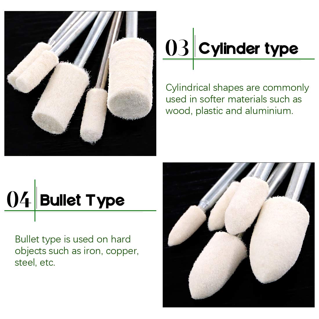 Keadic 100pcs Multifunctional Wool Felt Polishing Bits Mandrel Mounted Grinding Buffing Accessories Attachment Set - 1/8 Inch Shank