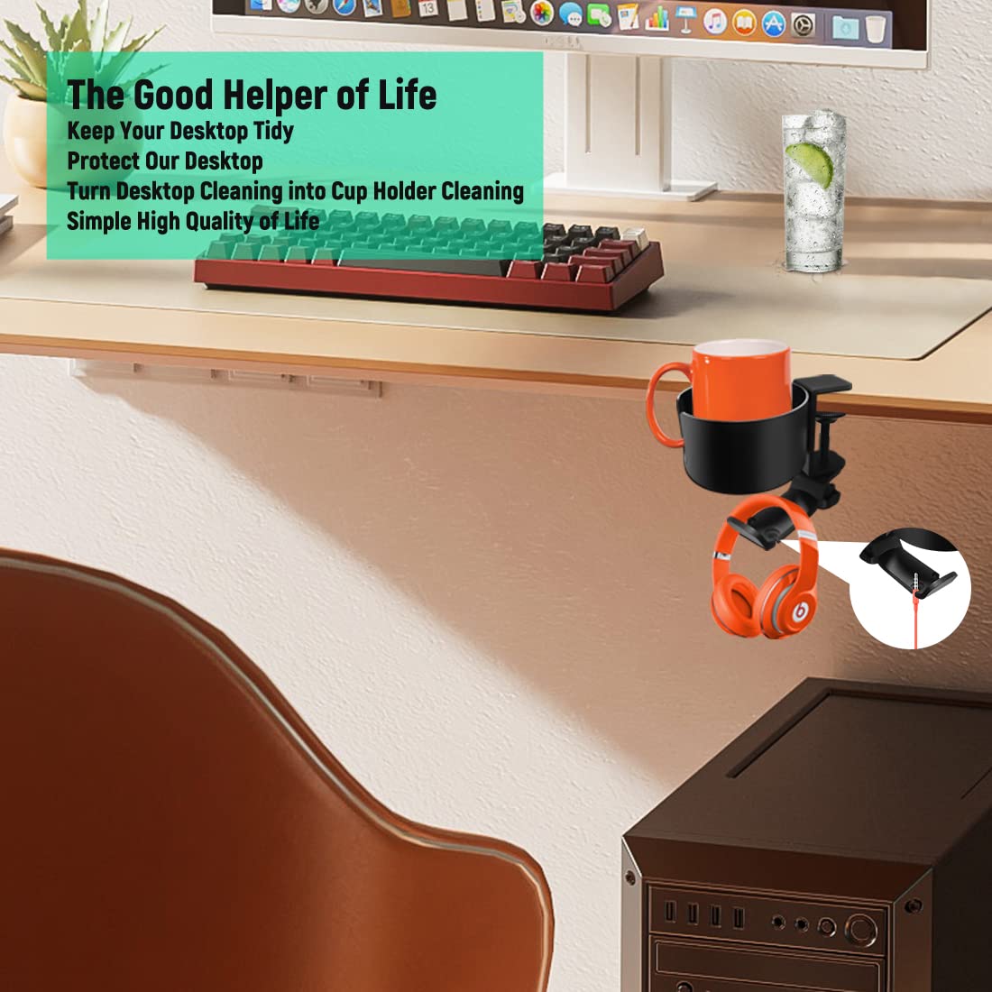 Desk Cup Holder, Sturdy 2-in-1 Anti-Spill Cup Holder for Desk or Table with 360° Rotatable Headphone Hanger, Durable Table Cup Holder with Cable Organizer,Holding Coffee Mups,Water Bottles,Headphones