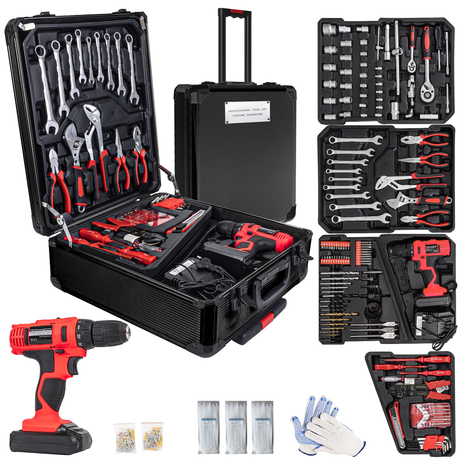 Mole Bean Power Tool Set with 18V Cordless Drill, Electric Power Drill Set, Tool Set for Men, Household Home DIY Hand Tool Kits, 18+1 Clutch Cordless Drill Set for Thanksgiving Christmas Gifts, Black