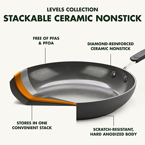 GreenPan Levels Stackable Hard Anodized Healthy Ceramic Nonstick, 10" and 12" Frying Pan Skillet Set, PFAS-Free, Dishwasher Safe, Black