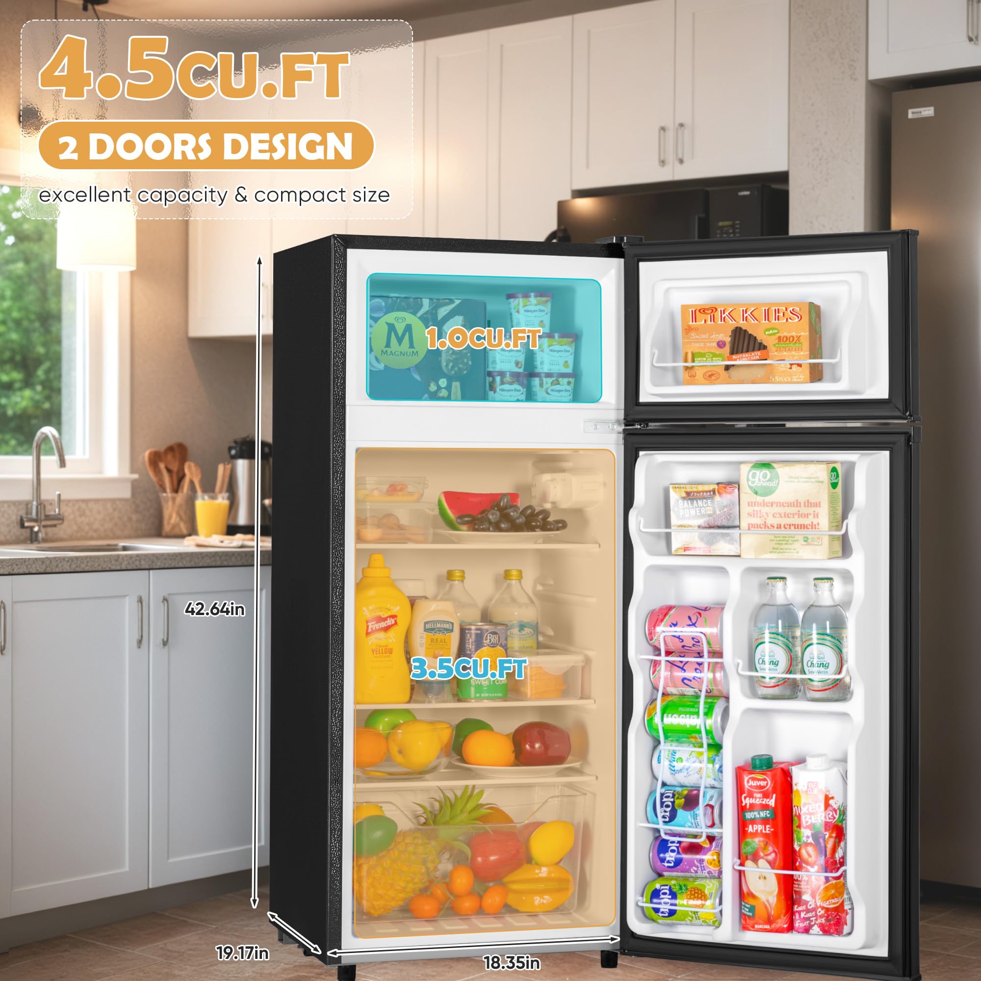 Manastin 4.5 Cu.ft Mini Fridge with Freezer, Small Refrigerator with 2 Doors for Office, Kitchen, Dorm and Bedroom, Mini Refrigerator with Adjustable Shelves (Black)