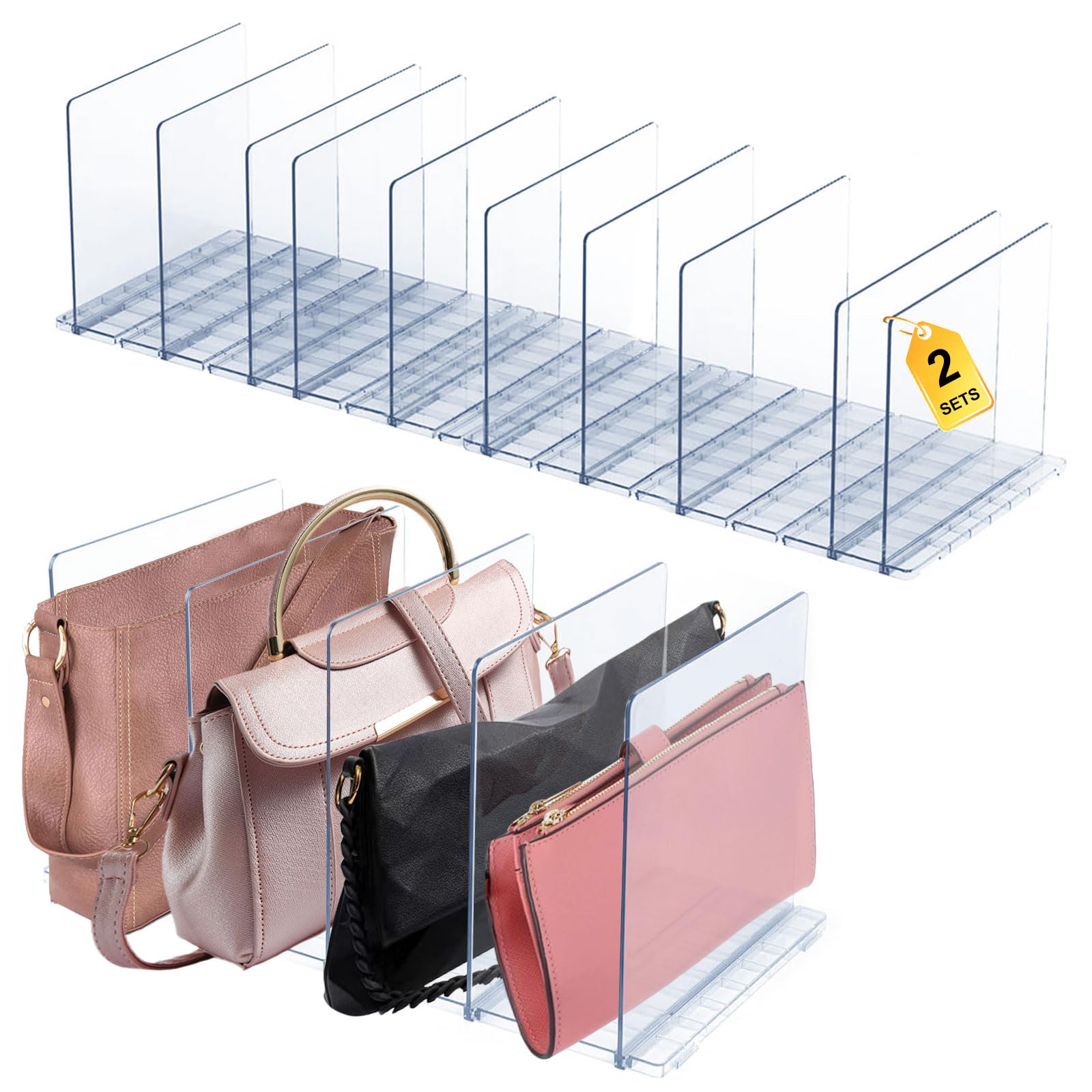storasier Purse Organizer for Closet 2 PACK,Clear Closet Bag Storage Dividers Rack,Shelf Dividers for Closet Organization,Handbag Organizer