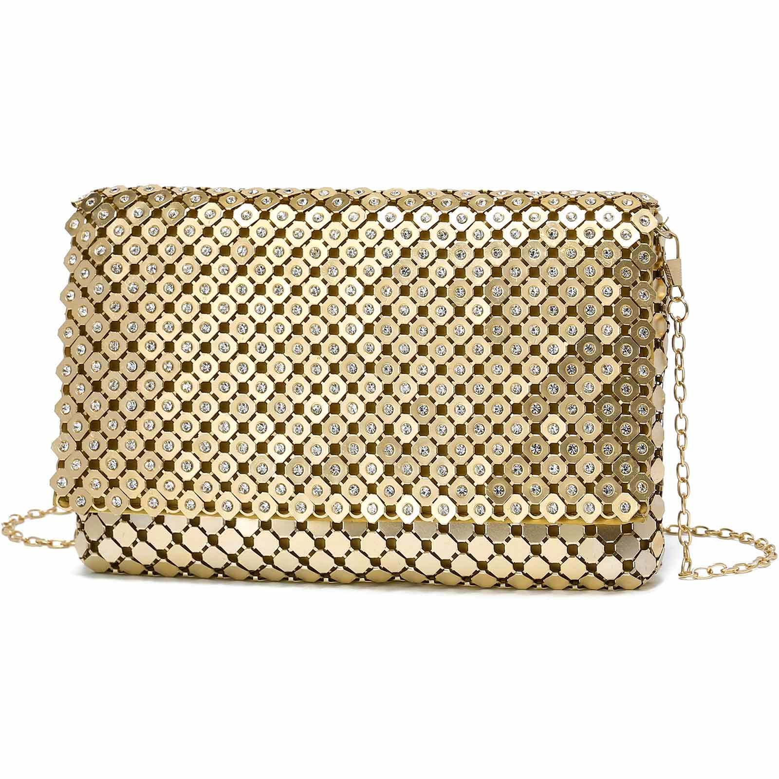 HIYOLALA Metal Sparkly Prom Clutch Purses for Women Evening with Removable Chain (Gold)