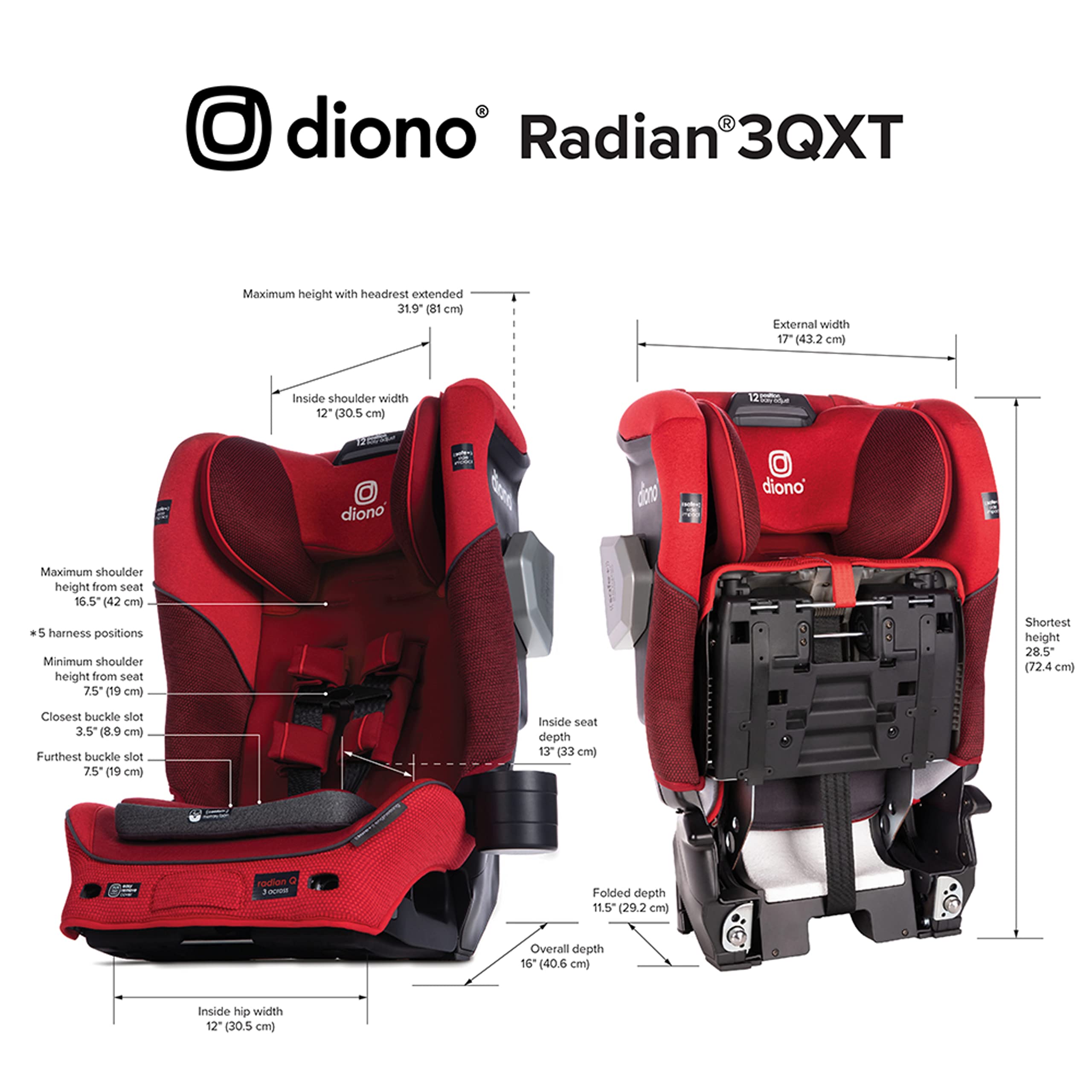 Diono Radian 3QXT 4-in-1 Rear and Forward Facing Convertible Car Seat, Safe Plus Engineering, 4 Stage Infant Protection, 10 Years 1 Car Seat, Slim Fit 3 Across, Red Cherry
