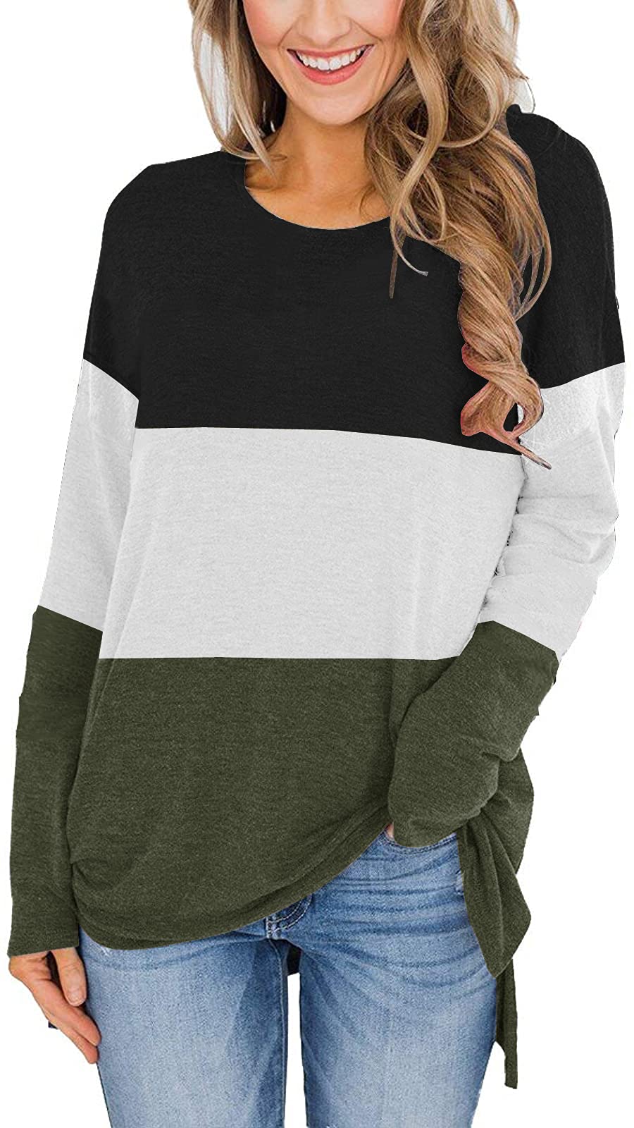 ETCYY NEW Womens Long Sleeve Tops Basic Fall Clothes Color Block Shirts Side Split T-Shirt A-black