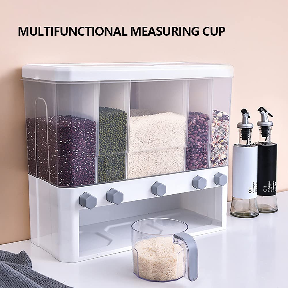 GNJINX Multi-Purpose Dry Food Dispenser with Measuring Cup - 5-Grid Design for Rice, Cereal, Flour, Beans and More - Perfect for Kitchen Storage and Organization