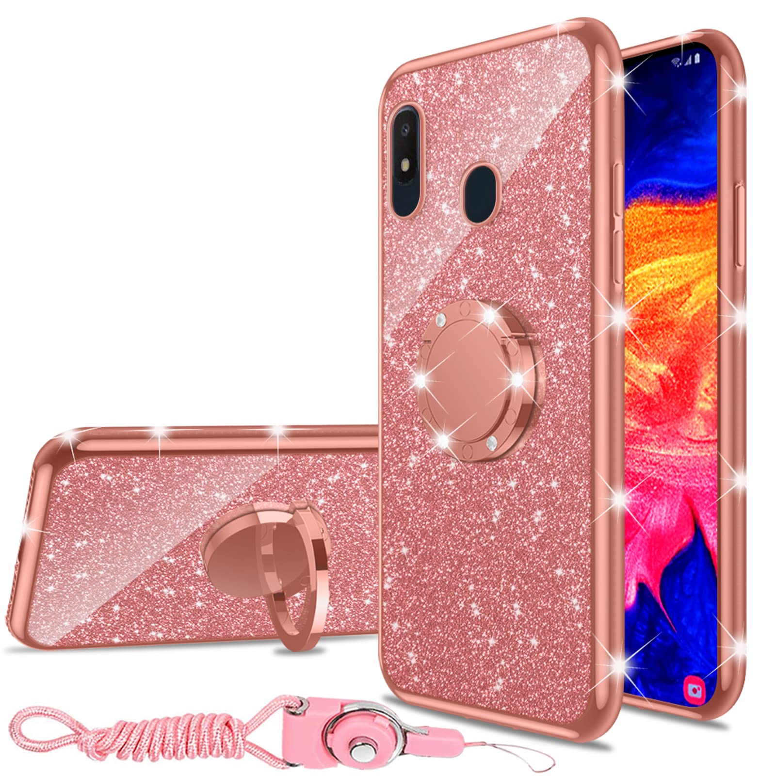 for Samsung Galaxy A10E Phone Case Girls Women Cute Rhinestone Glitter TPU Case with Ring Stand Strap Lanyard Shockproof Protection Cover for Samsung Galaxy A20E -Rose Gold