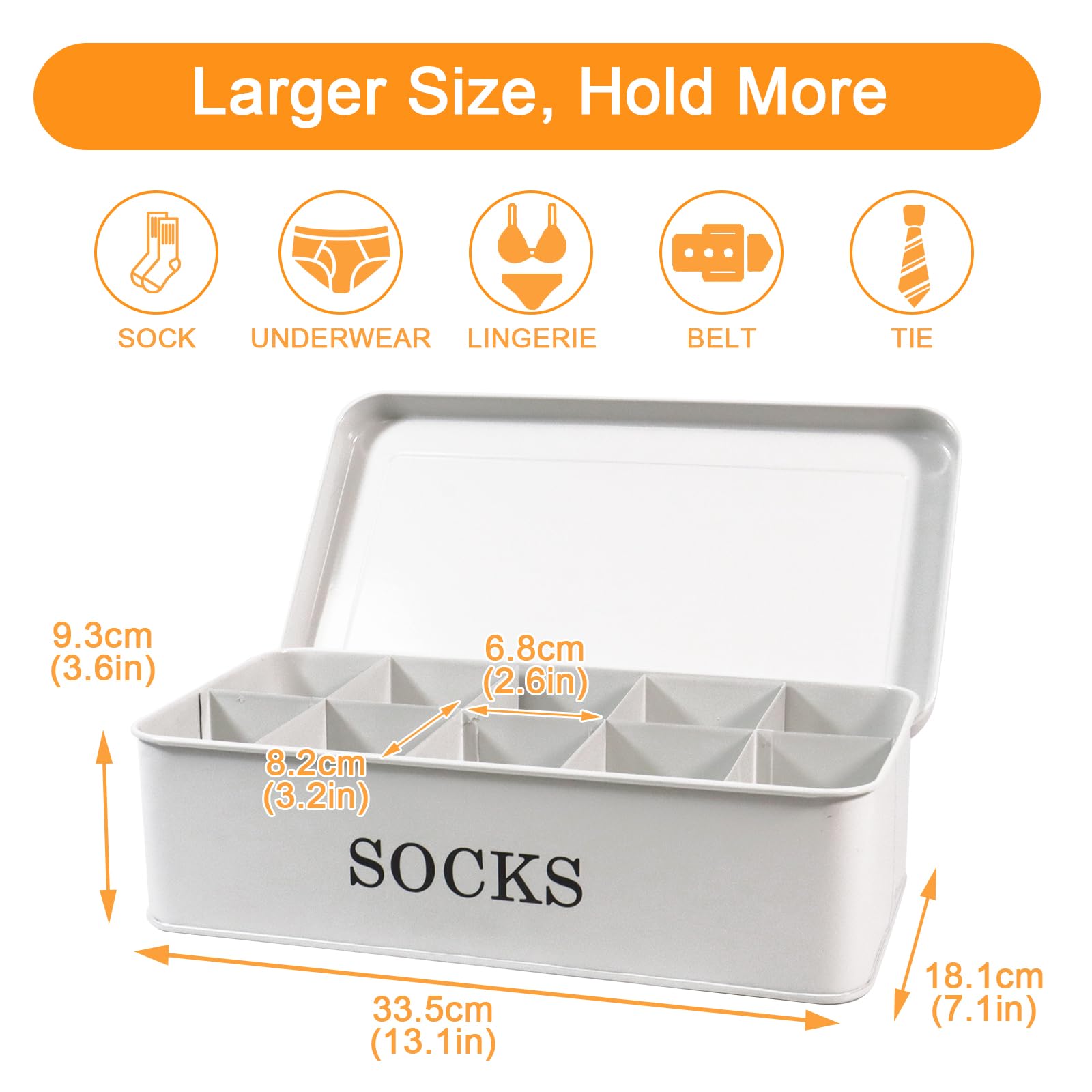Gdfjiy Storage Bin, Metal Storage Organizer with Lid & 10 Adjustable Grids, Socks Drawer Organizer for Closet, Underwear, Panty, Ties, Ornament (White, 12 inches Wide, 1.0 lbs)