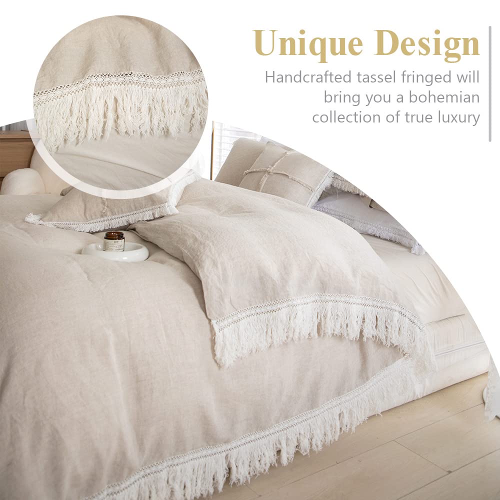 Simple&Opulence 100% Linen Boho Duvet Cover,3pcs Bohemian Textured Collection Bedding Set for All Seasons,French Country Comforter Cover Set with Pillow Shams (Queen, Tassel-White)