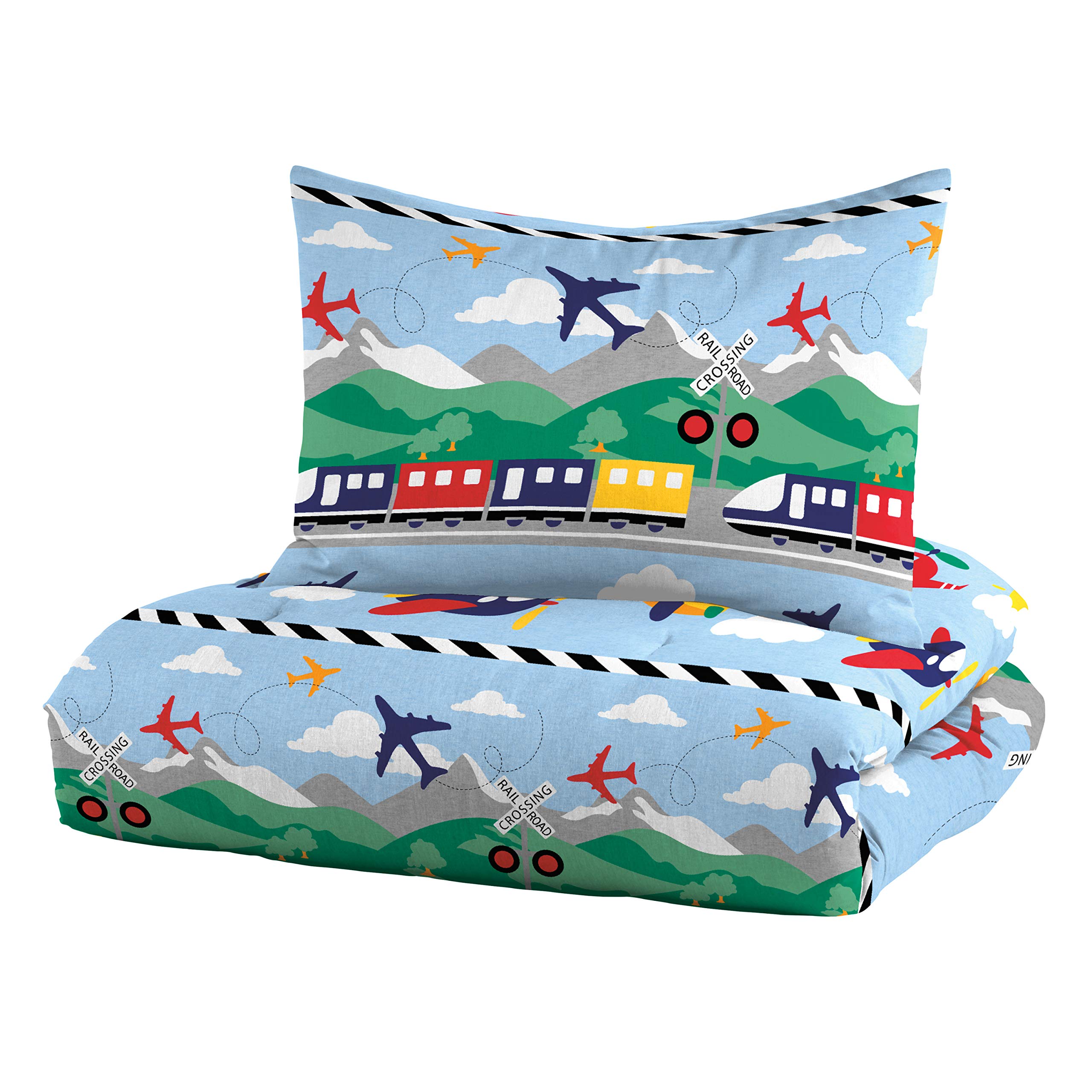 Dream Factory Kids 2-Piece Easy-Wash Super Soft Cotton Comforter and Pillow Sham Set, Twin, Blue Trains and Planes