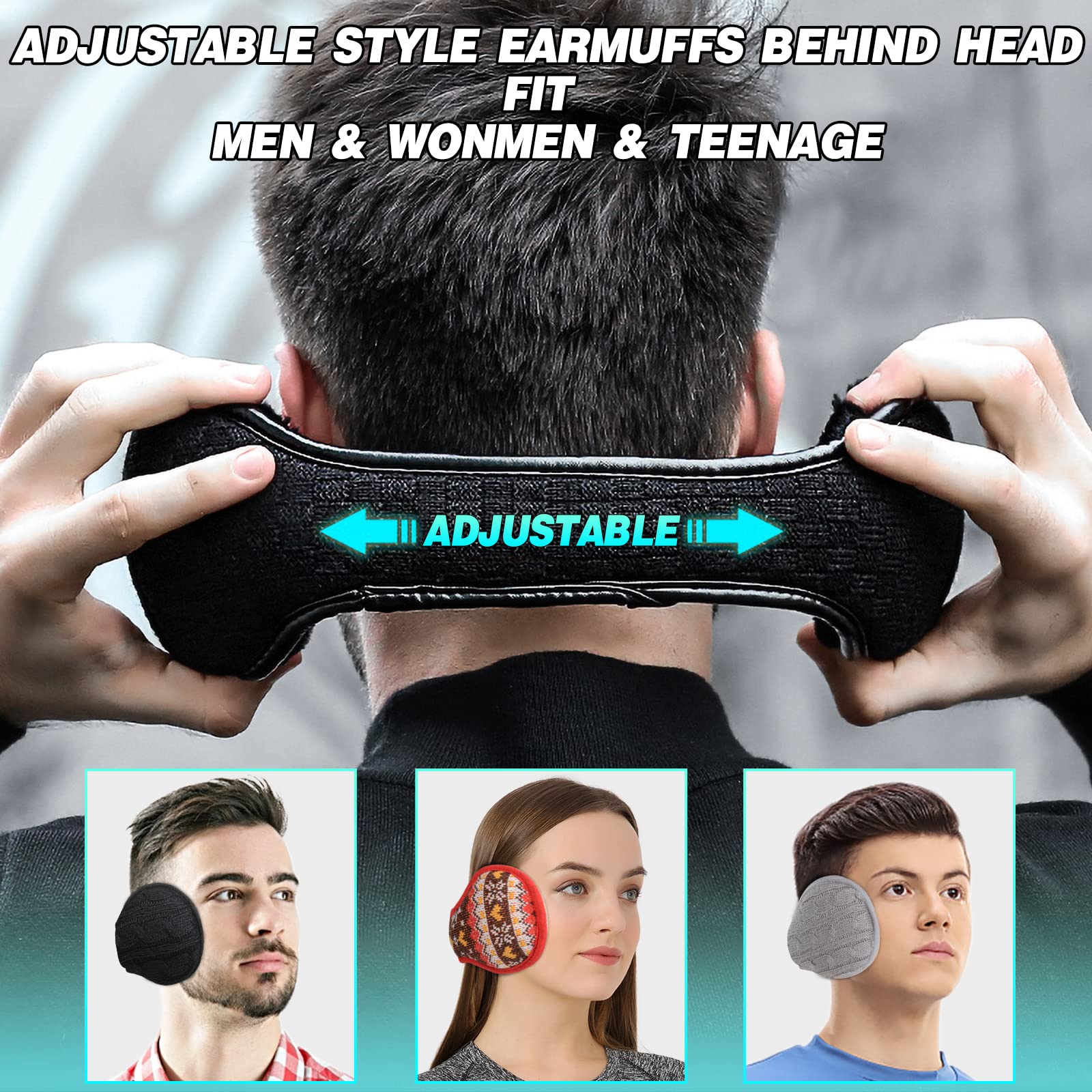 Ear Muffs for Winter Men Women, Fleece Ear Warmer for Cold Weather, Behind the Head Adjustable Foldable Earmuffs