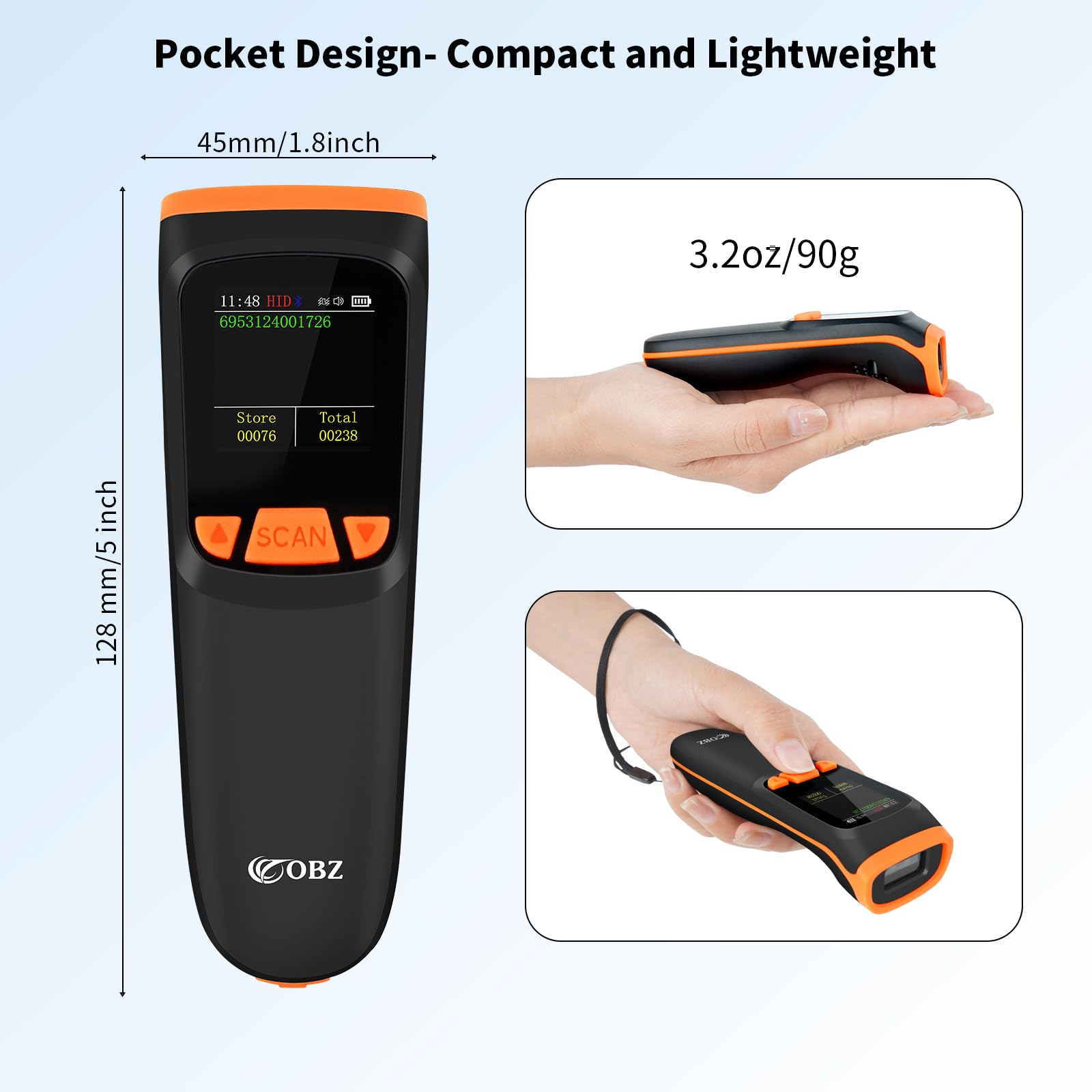 OBZ Mini 2D Bluetooth Barcode Scanner with LCD Screen Display, 3-in-1 Bluetooth & USB Wired & 2.4G Wireless Bar Code Scanner Portable QR Code Scanner for Tablet iPhone MacOS Android iOS Windows PC POS