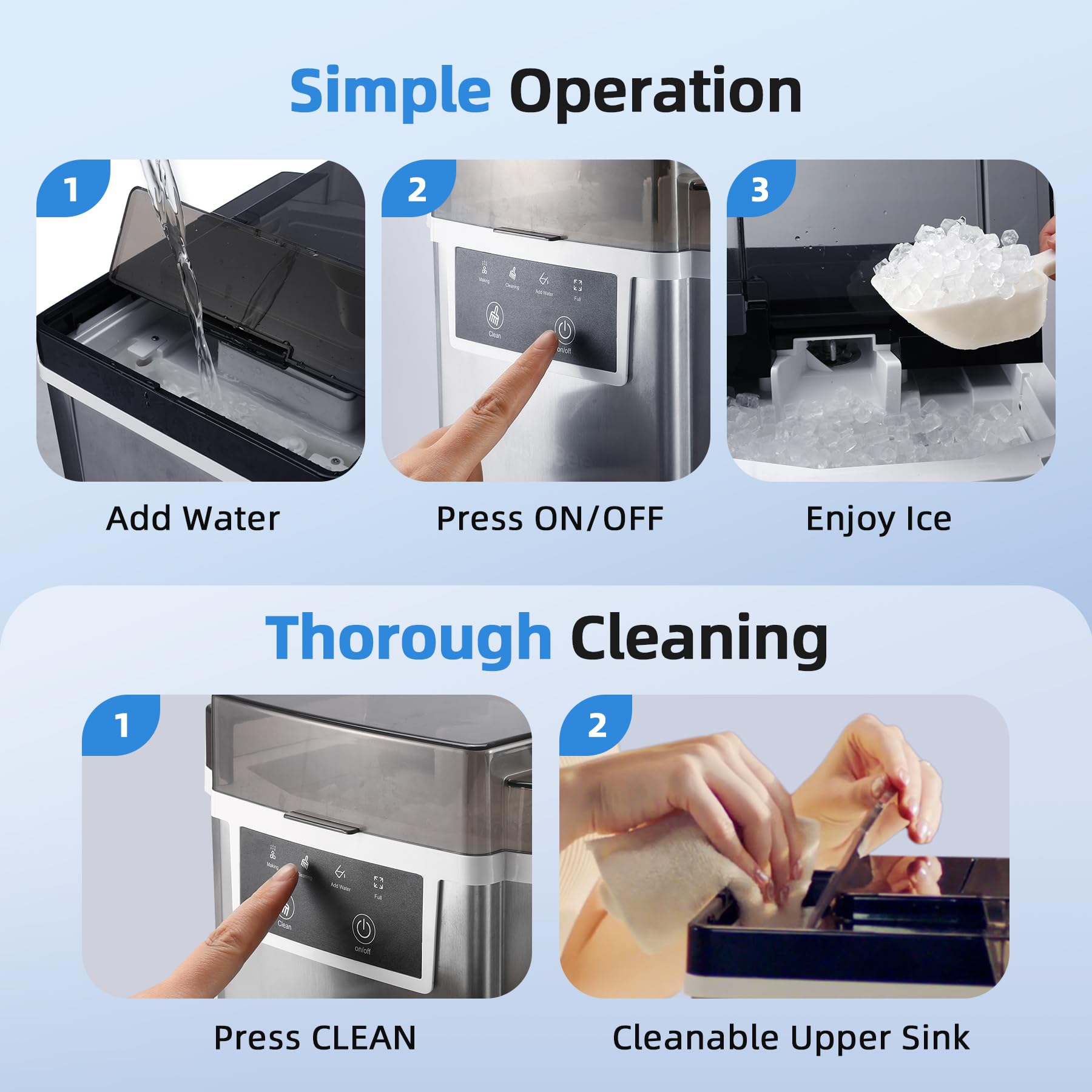 KaringBee Nugget Ice Maker Countertop - 45lbs/24H, 5mins Making Soft Chewable Pellet Ice - Self-Cleaning, Sonic Ice, Pebble Ice Machine for Home Kitchen, Office - Stainless Steel