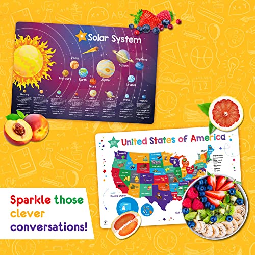 Simply Magic Discovery Set of 5 Educational Placemats for Kids - Kids Placemats Non Slip for Dining Table, Wipeable Reusable Plastic Placemats for Kids: USA, World Map, Periodic Table, Solar System