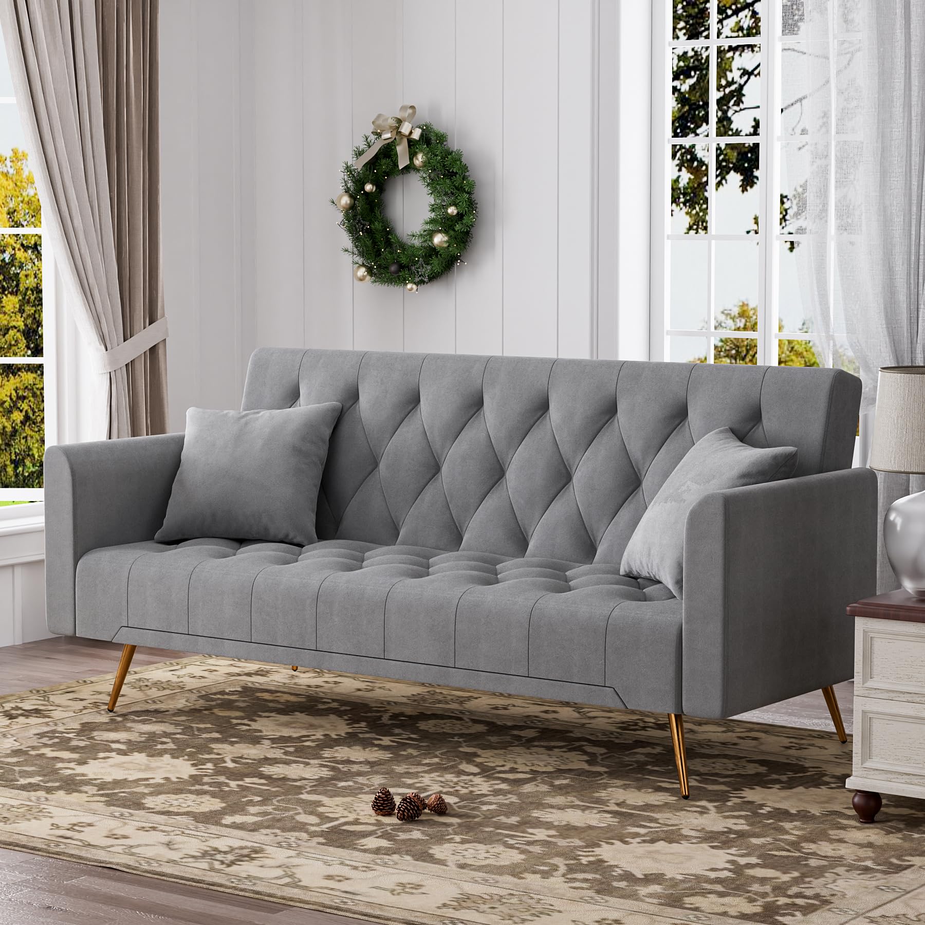 OUYESSIR Velvet Futon Couch Bed, 71 inch Loveseat Convertible Sleeper Sofa with 2 Pillows, Modern Small Futon Couch for Bedroom, Living Room (Grey)
