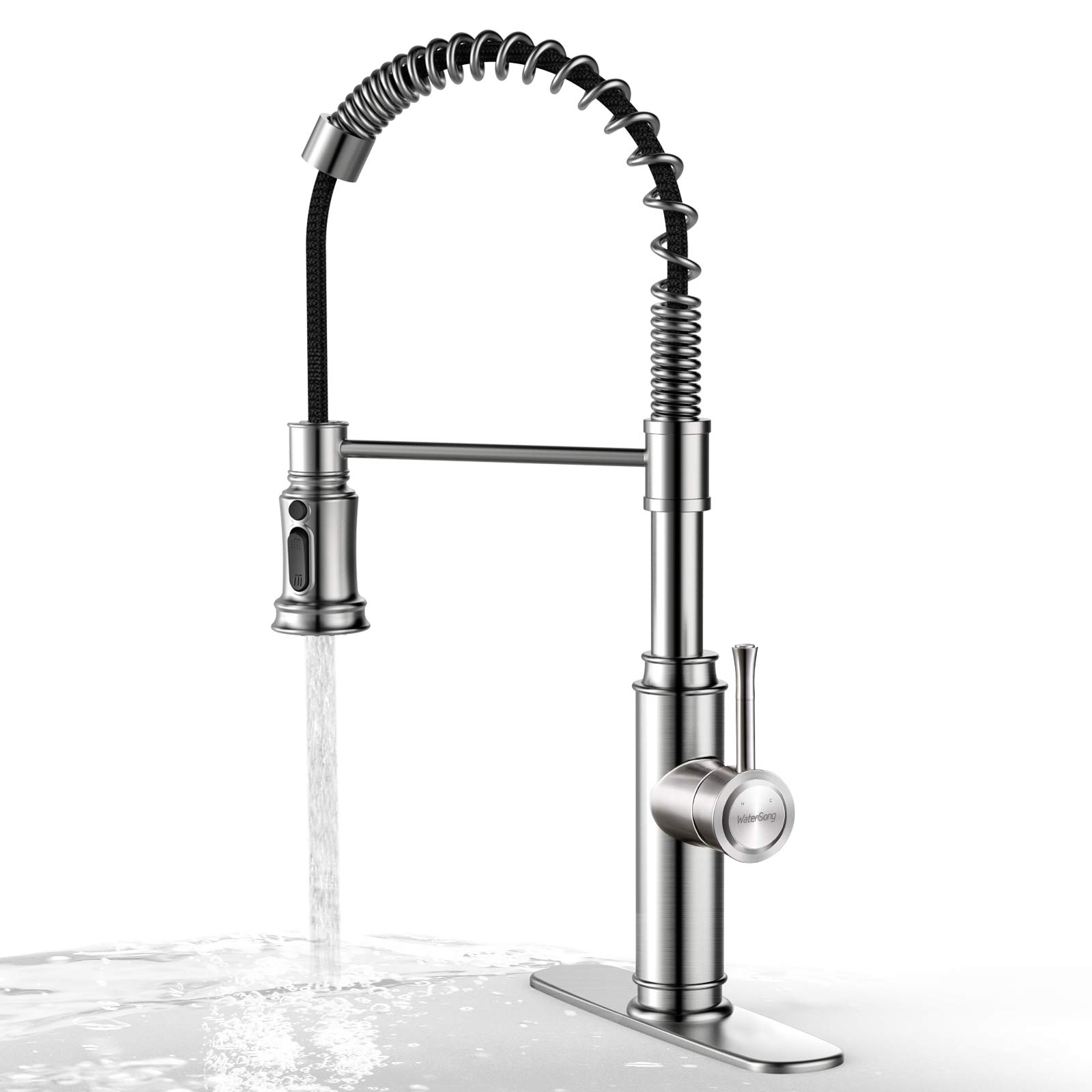 Kitchen Faucet-WaterSong Spring Kitchen Sink Faucet with 2 Optional Sprayers for 3+4 Function Modes, Single Handle&Deck Plate for 1or3 Holes, 360° Rotation, Spot Resist Stainless Steel No Lead…