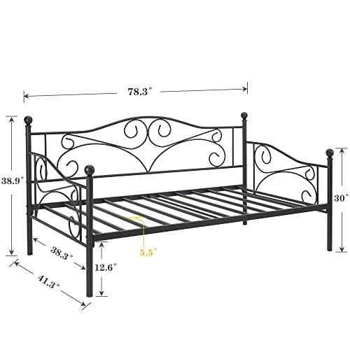 VECELO Premium Daybed Metal Bed Frame Twin Size Steel Slat Support/Strong Legs Headboard/Mattress Foundation, Multi-Functional Furniture